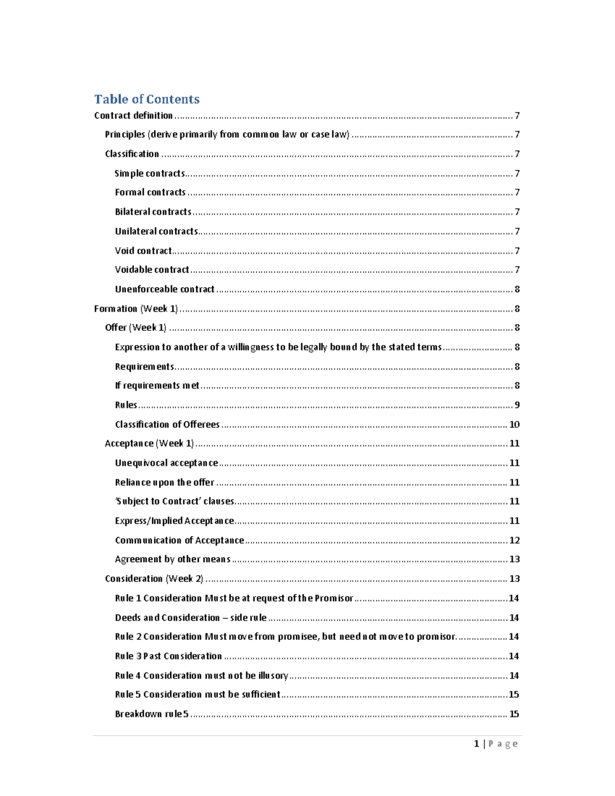Contracts - Full Notes - Table of Contents Contract definition ...