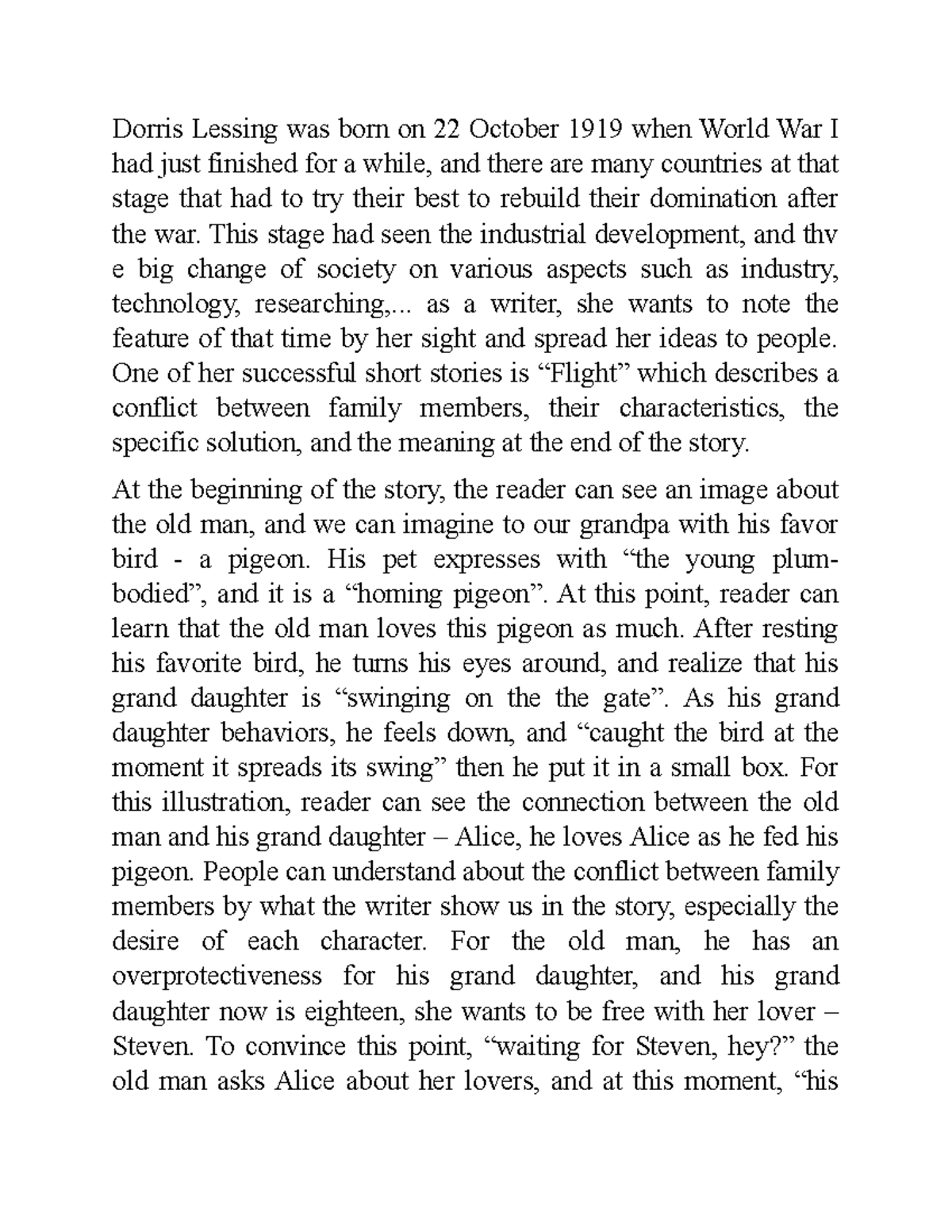 Analysis Flight Raw - mẫu 9 - Dorris Lessing was born on 22 October ...