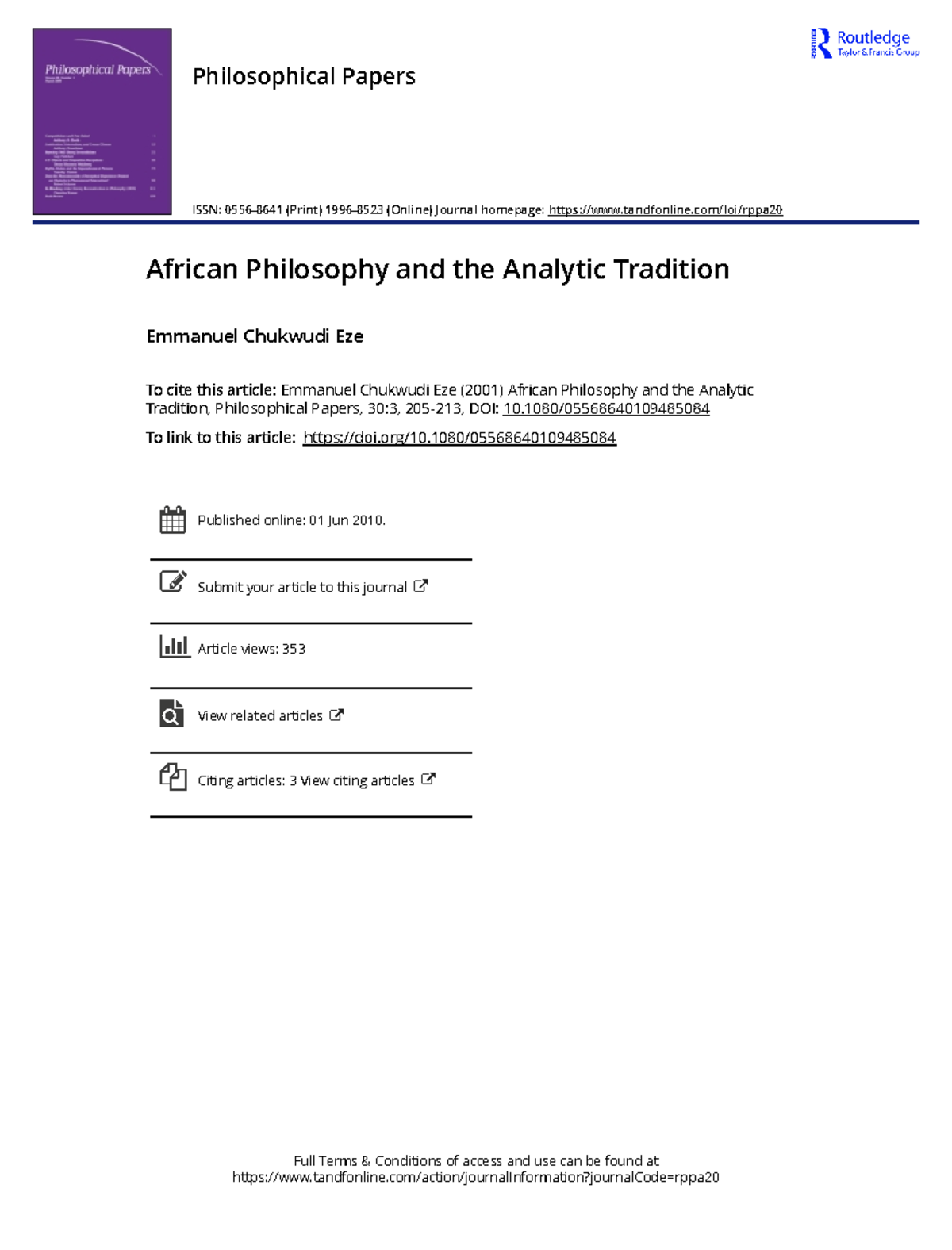 African Philosophy and the Analytic Tradition - Full Terms & Conditions ...