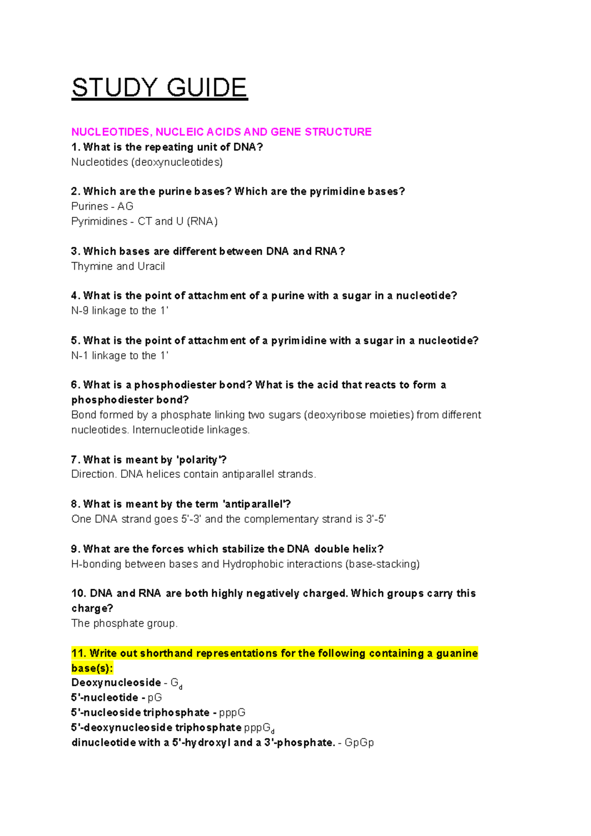 Study Guide - STUDY GUIDE NUCLEOTIDES, NUCLEIC ACIDS AND GENE STRUCTURE ...