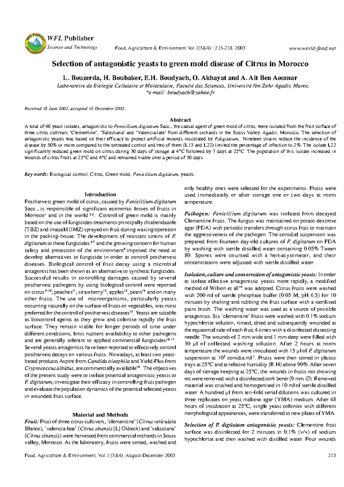 2003 .Selection of antagonistic yeasts to green mold disease of Citrus ...