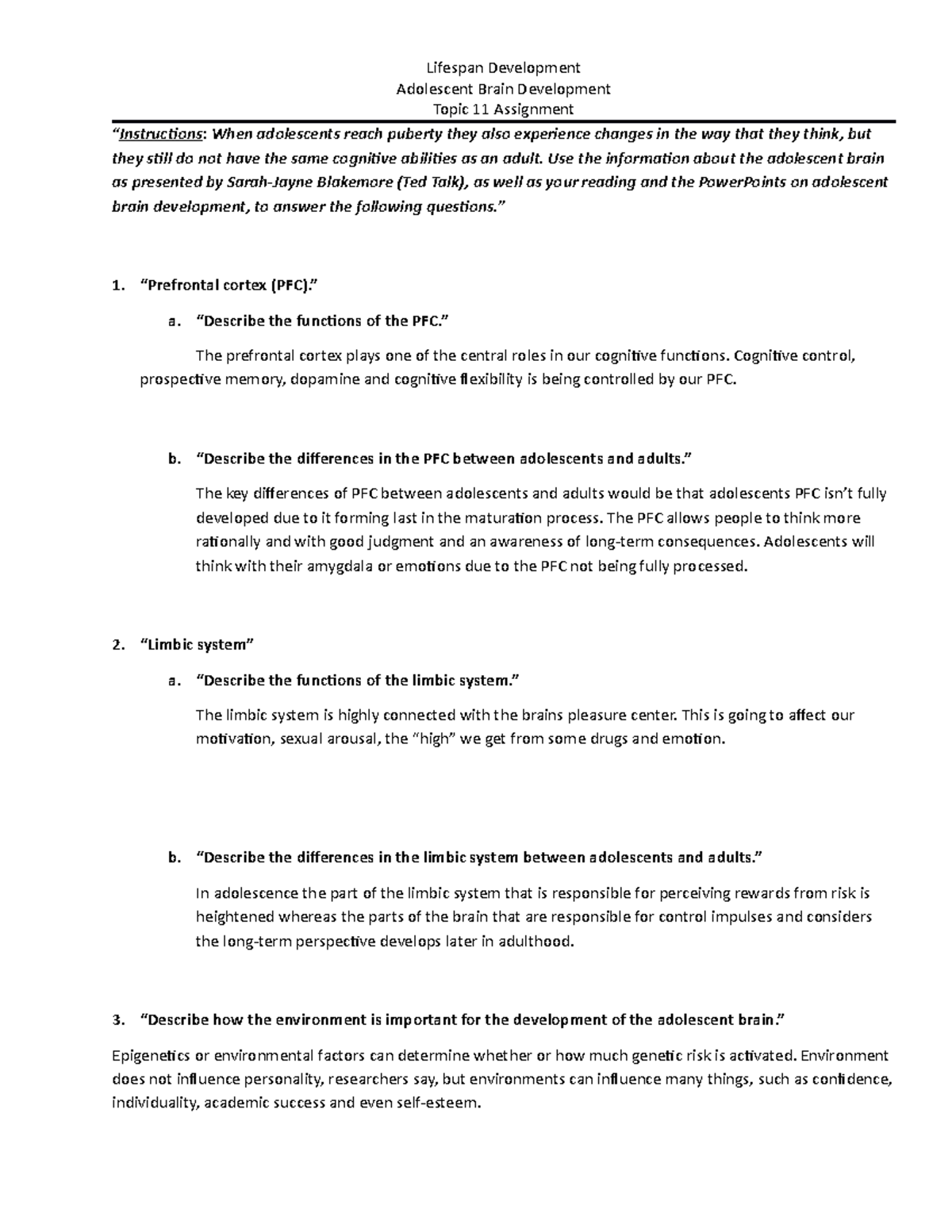 Topic 11. Assignmentt - Lifespan Development Adolescent Brain ...