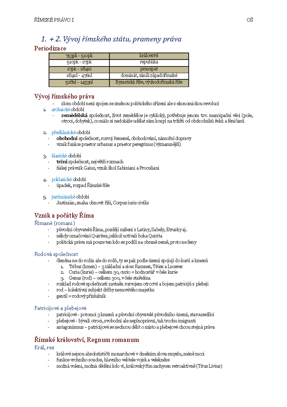 RP1 - římské právo 1 - 1. + 2. Vývoj římského státu, prameny práva Periodizace 753pk - 510pk ...