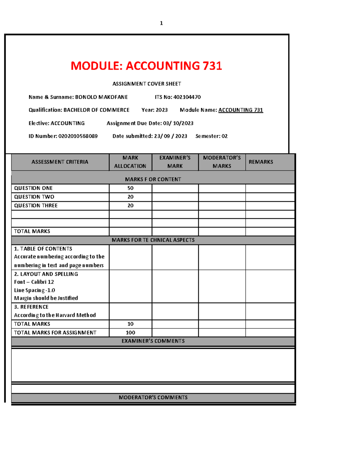 Acc 731 ass02 - Accounting assignments - MODULE: ACCOUNTING 731 ...