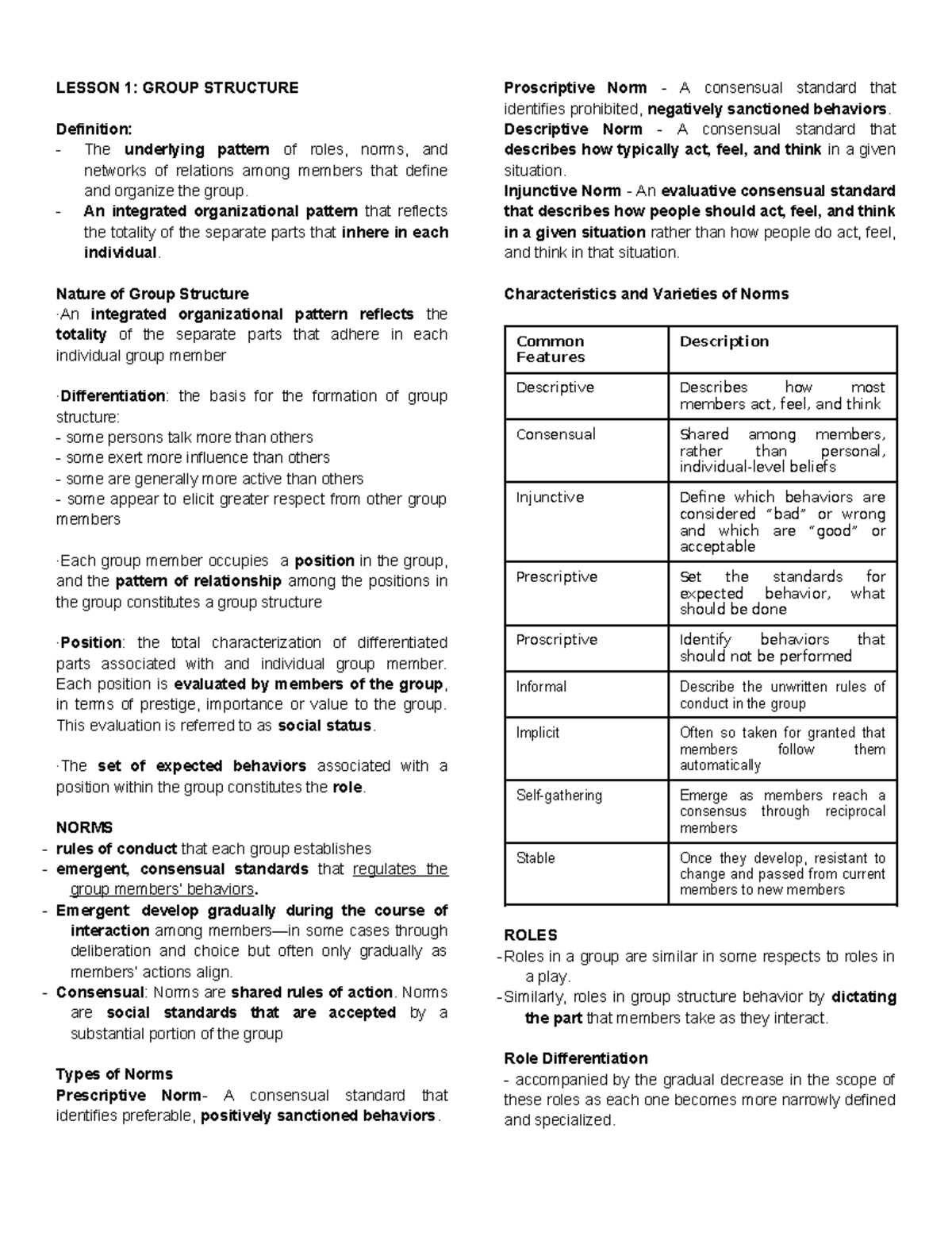 Group Dynamics Reviewer - LESSON 1: GROUP STRUCTURE Definition: The ...