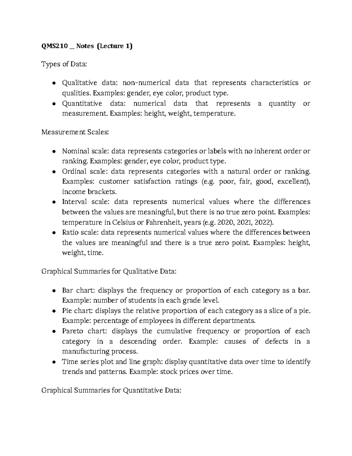 Qms210 Notes Lecture 1 Qms210 Notes Lecture 1 Types Of Data