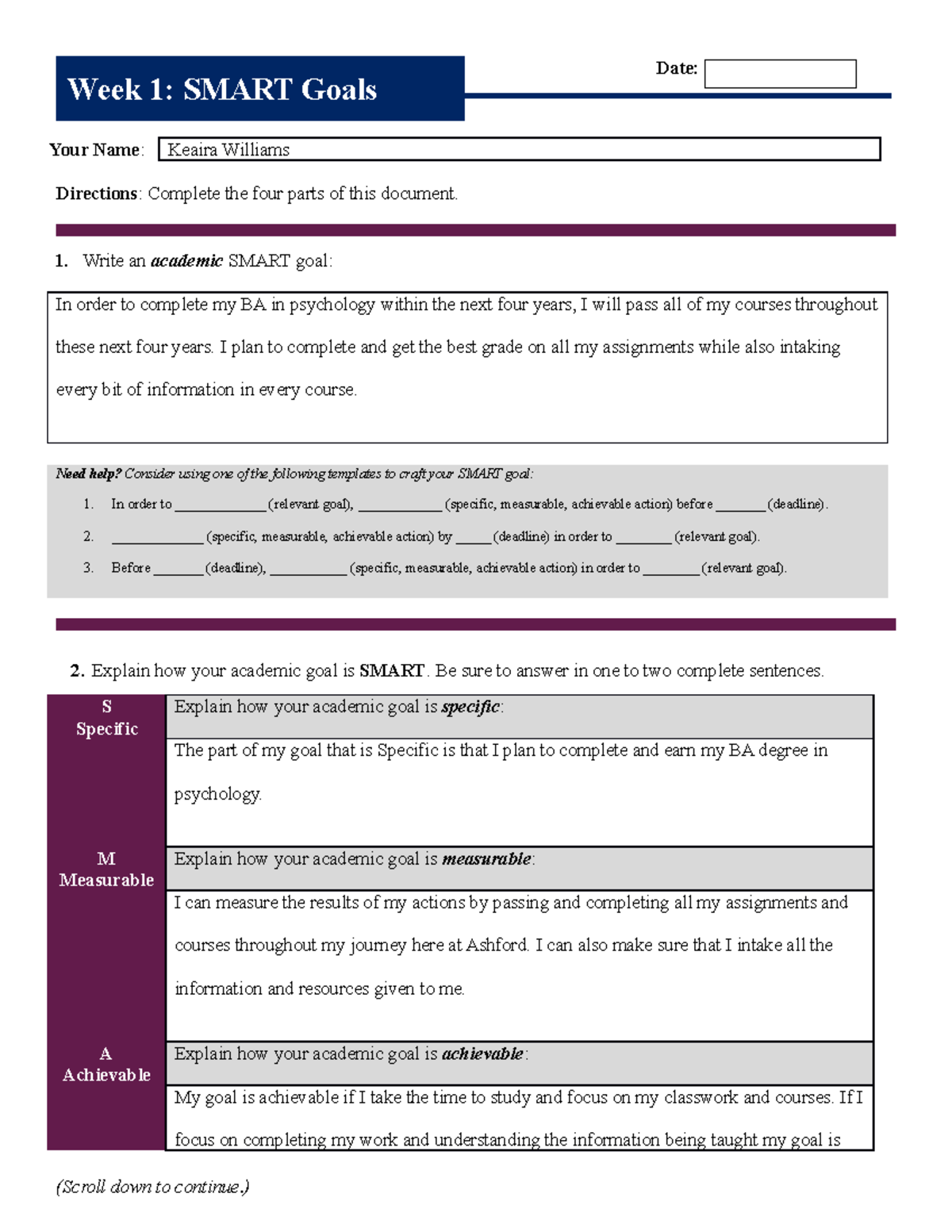 Week 1 Smart Goals Assignment - Date: Your Name: Keaira Williams ...