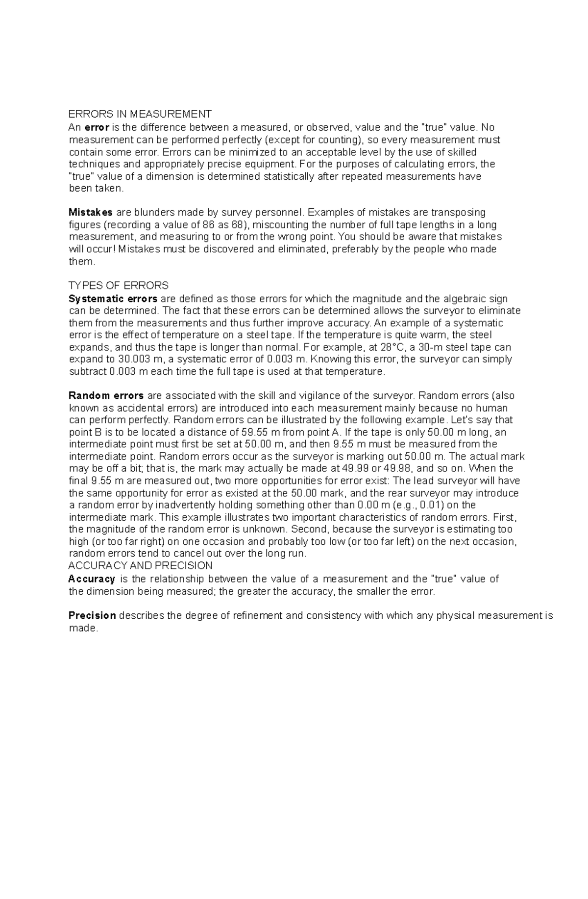 Fundamentals of Surveying - ERRORS IN MEASUREMENT An error is the ...