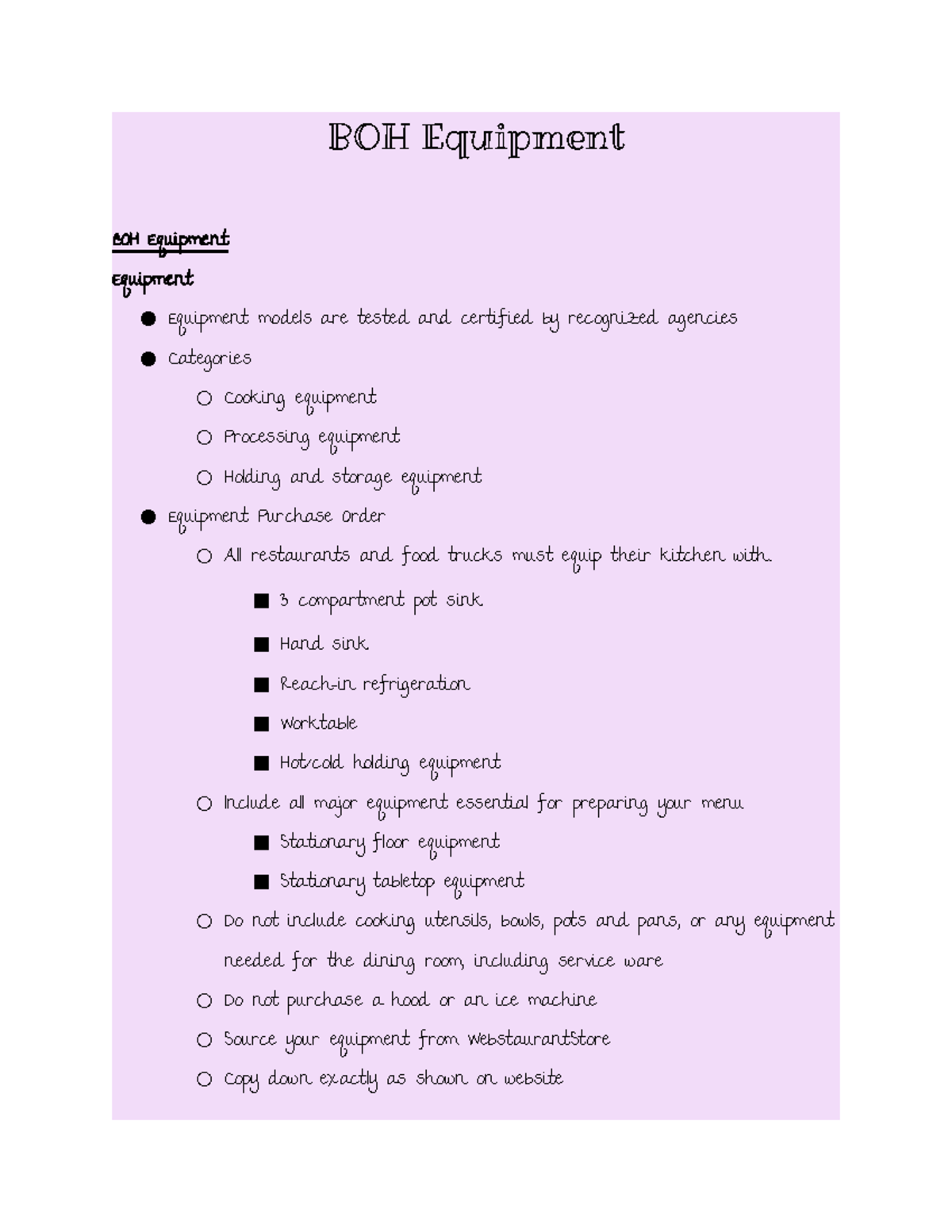 BOH Equipment - Lecture Notes - BOH Equipment Equipment Equipment ...