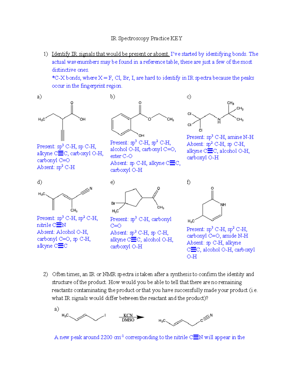 IR Spectroscopy Practice KEY - IR Spectroscopy Practice KEY Identify IR ...