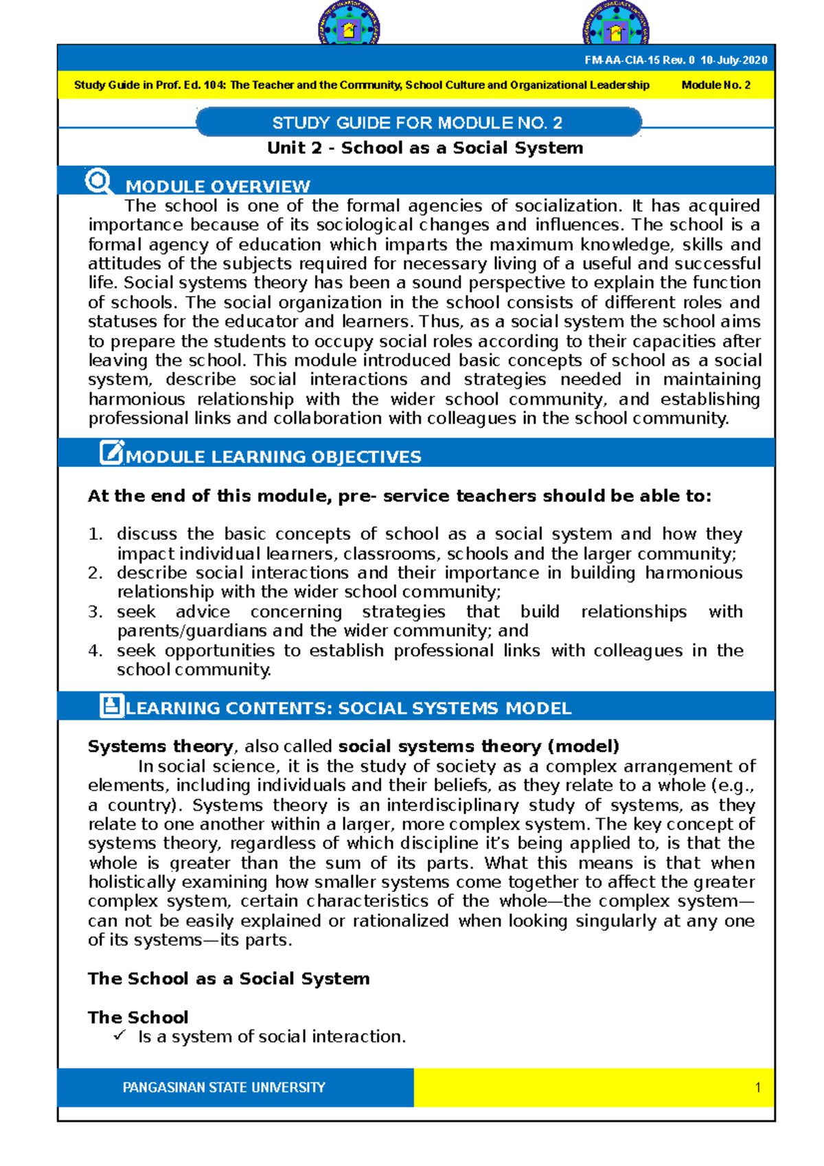 PROF ED 104 SG 2 - Study Guide - Unit 2 - School as a Social System ...