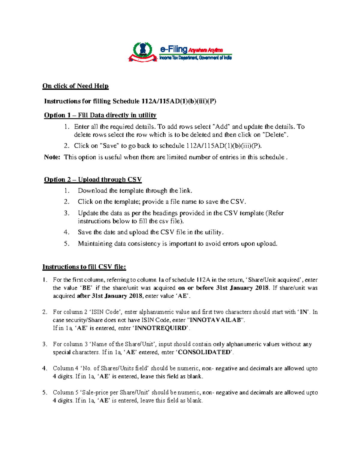 Instructions for filling CSV file - On click of Need Help Instructions ...