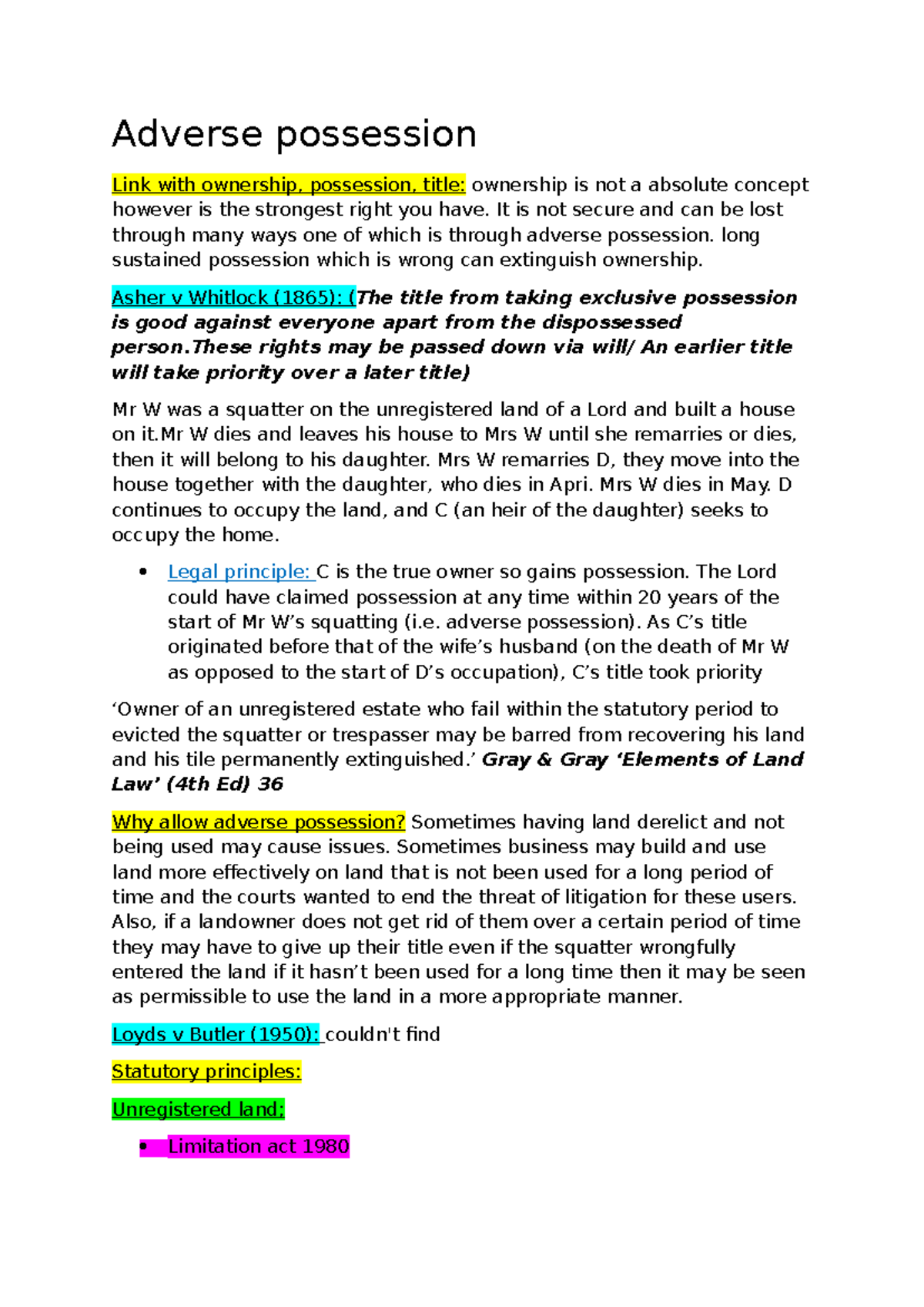 Adverse Possession - Adverse possession Link with ownership, possession, title: ownership is not ...