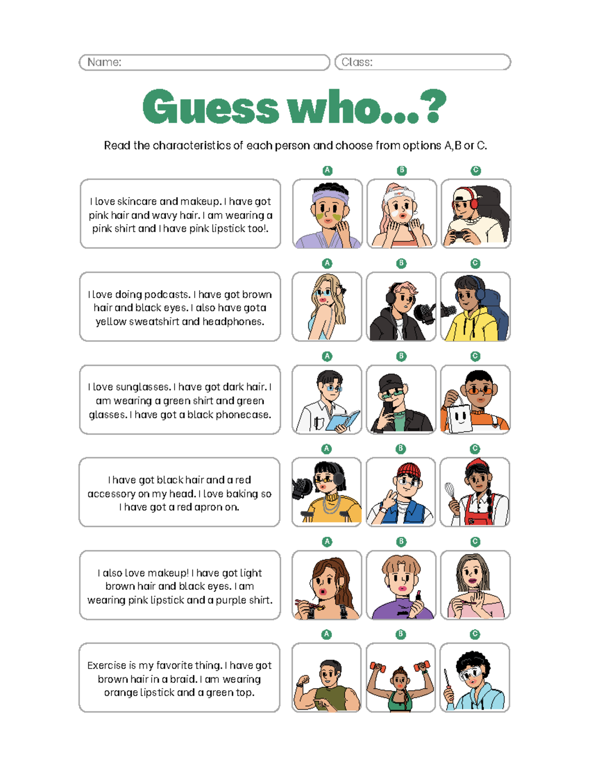 Colorful Fun Illustrative Guess Who Physical Description Game Worksheet ...