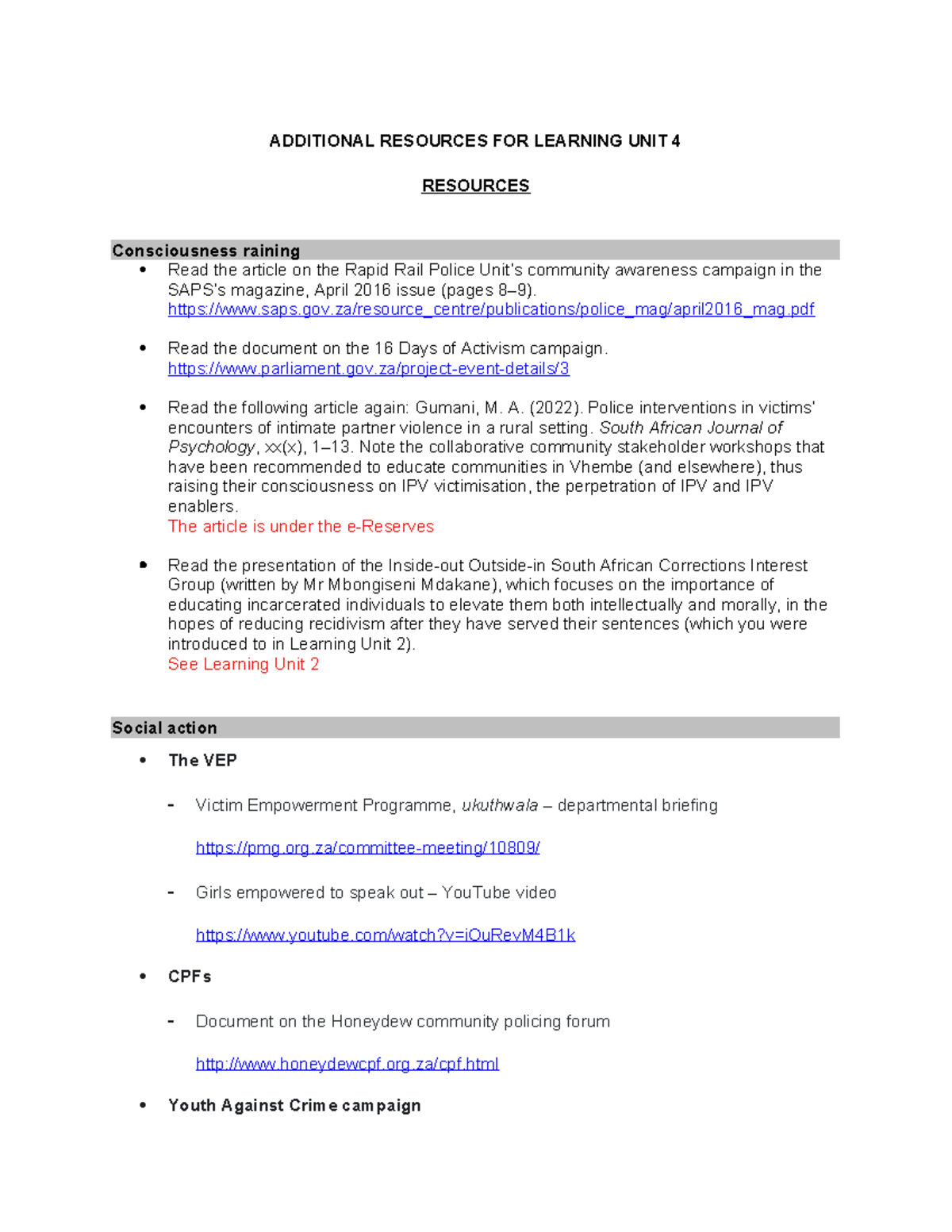 Resources For Learning Unit 4 - ADDITIONAL RESOURCES FOR LEARNING UNIT ...