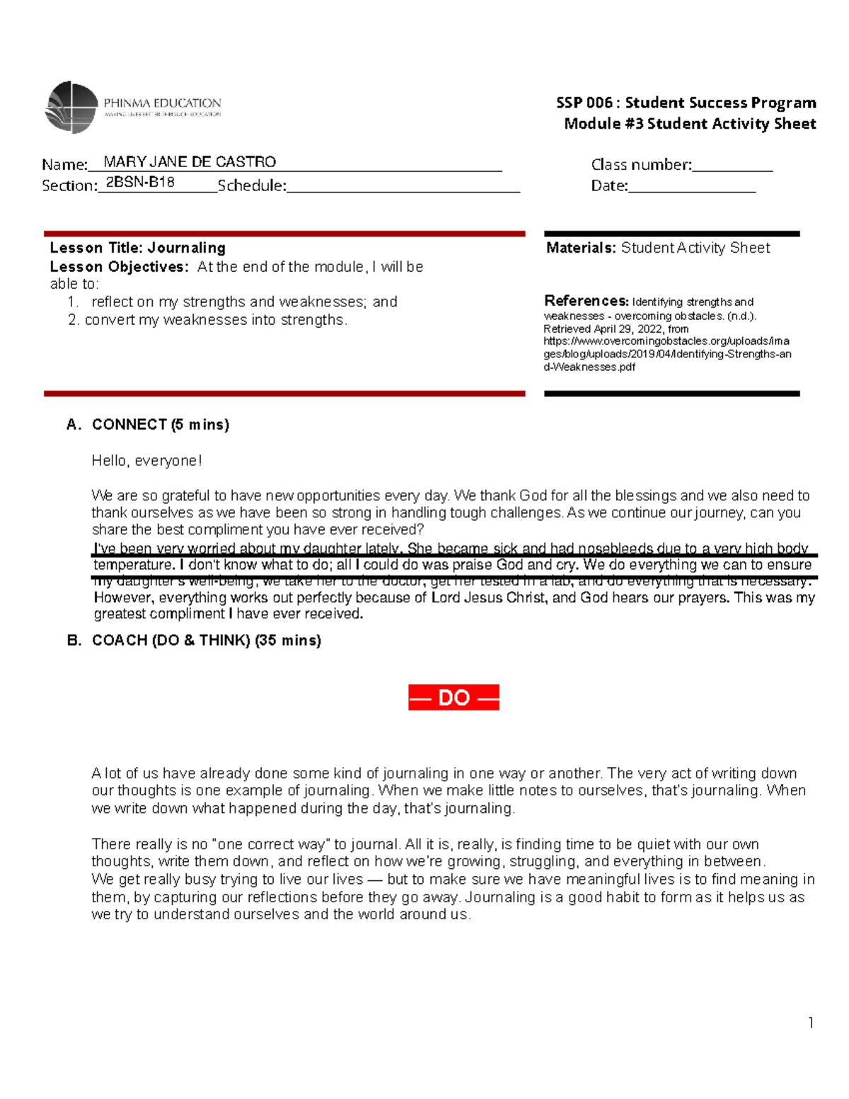 SSP Journaling - SSP 006 : Student Success Program Module #3 Student ...