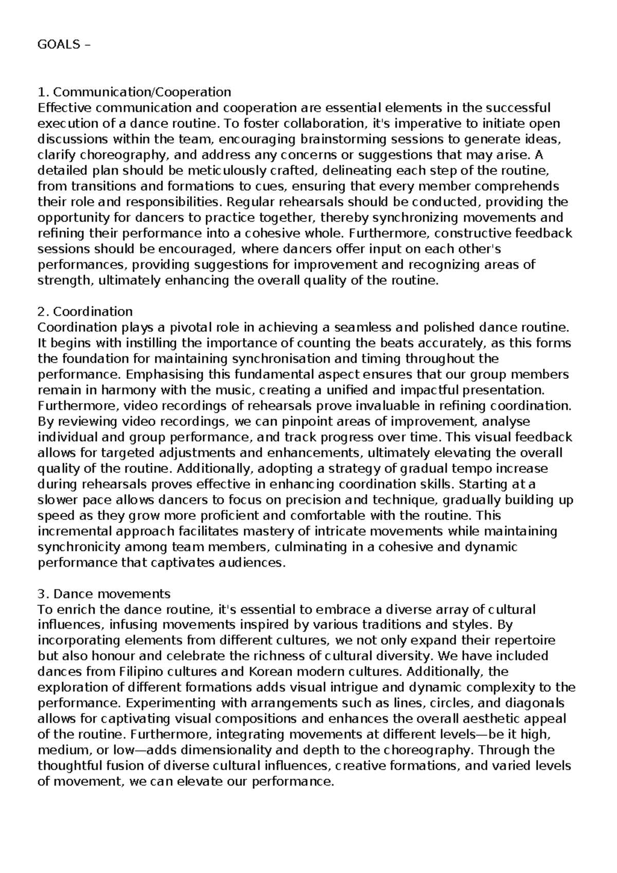 Goals for Dance Routine - GOALS – Communication/Cooperation Effective ...