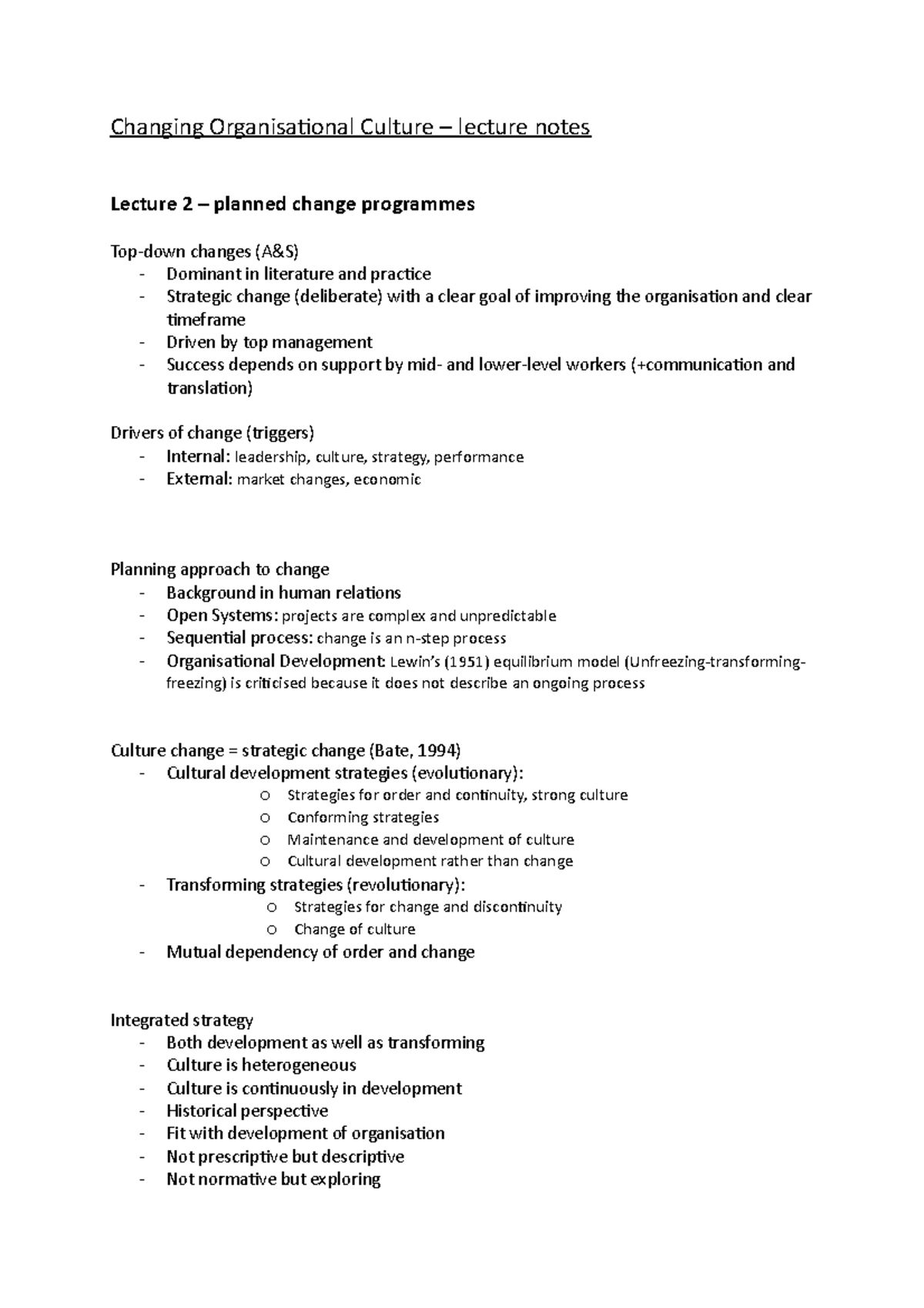COC Lecture notes - Changing Organisational Culture – lecture notes ...
