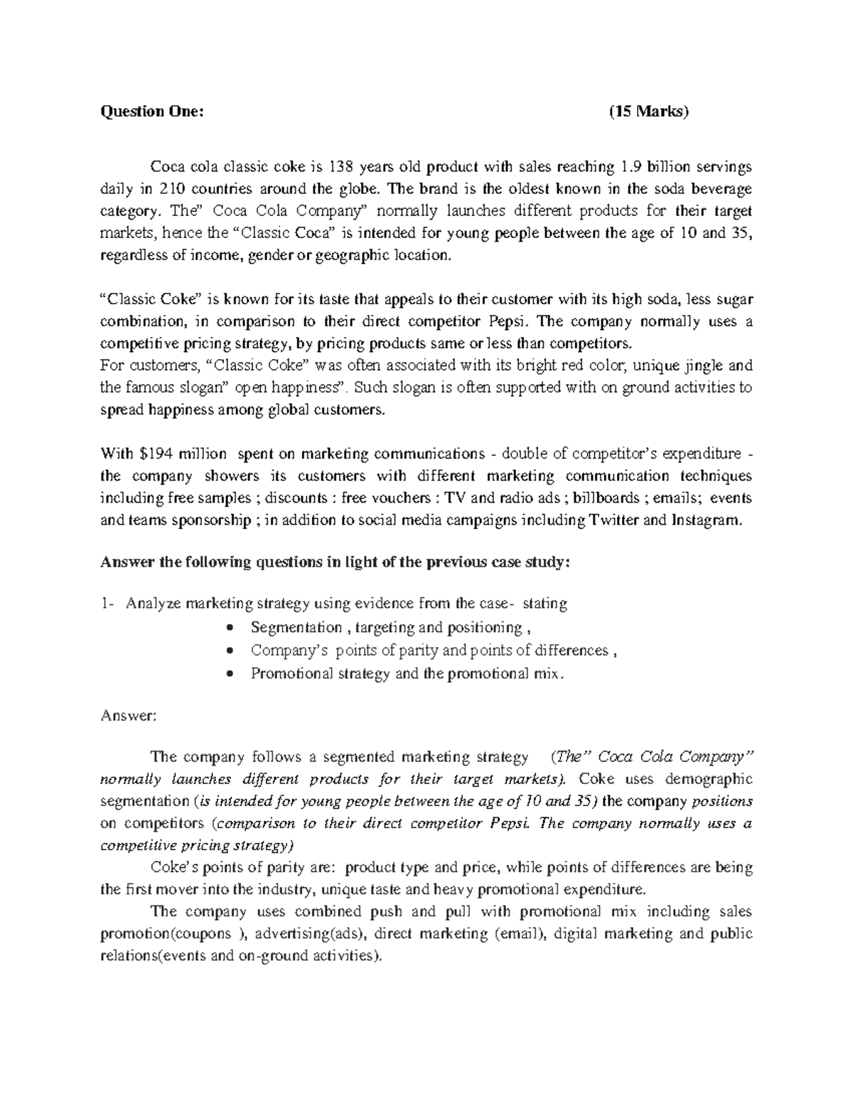 Midterm Exam Sample - tutorial - Question One: (15 Marks) Coca cola ...