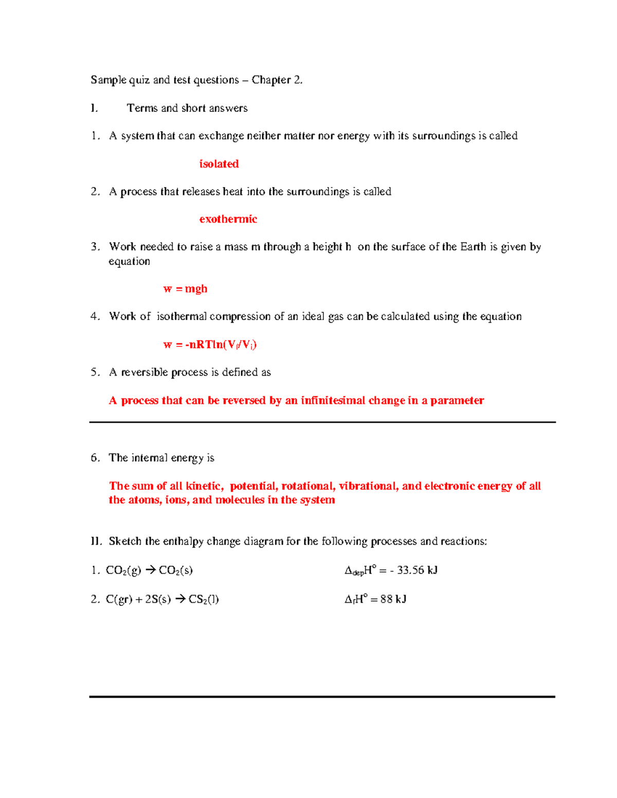 Enthalpy exercises Sample quiz and test questions – Chapter 2 - Sample ...