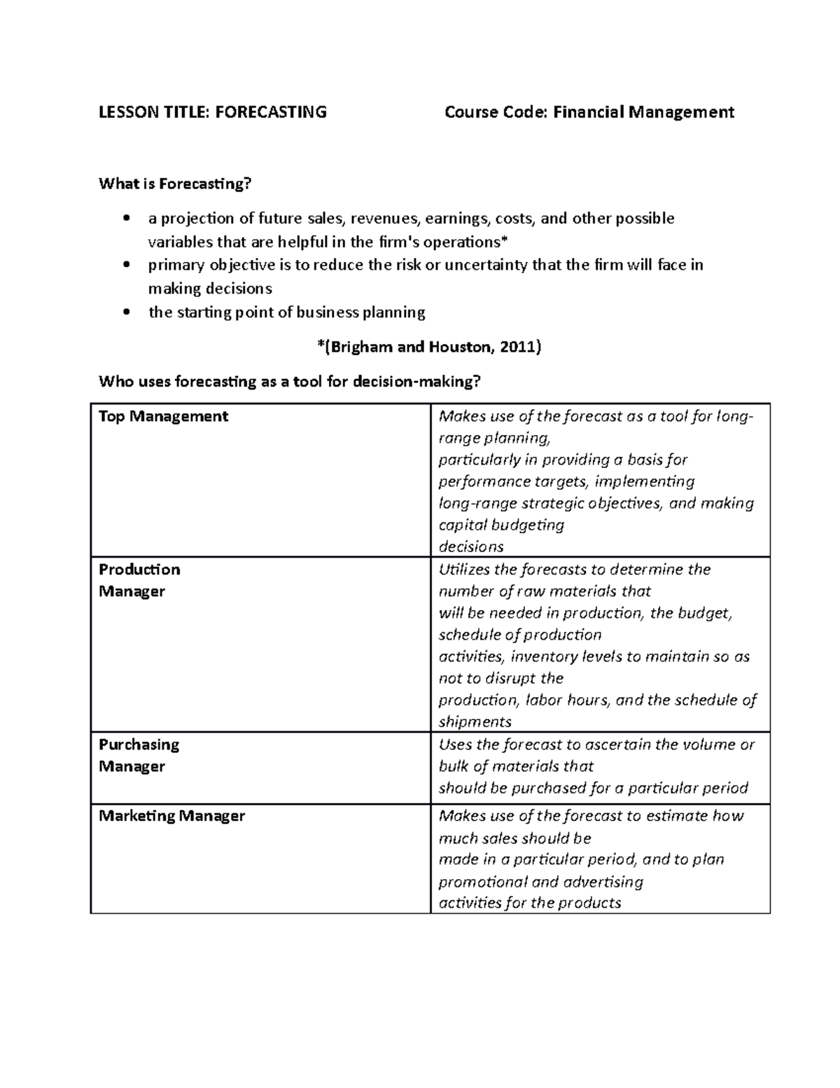 Lesson Title- Forecasting - LESSON TITLE: FORECASTING Course Code ...