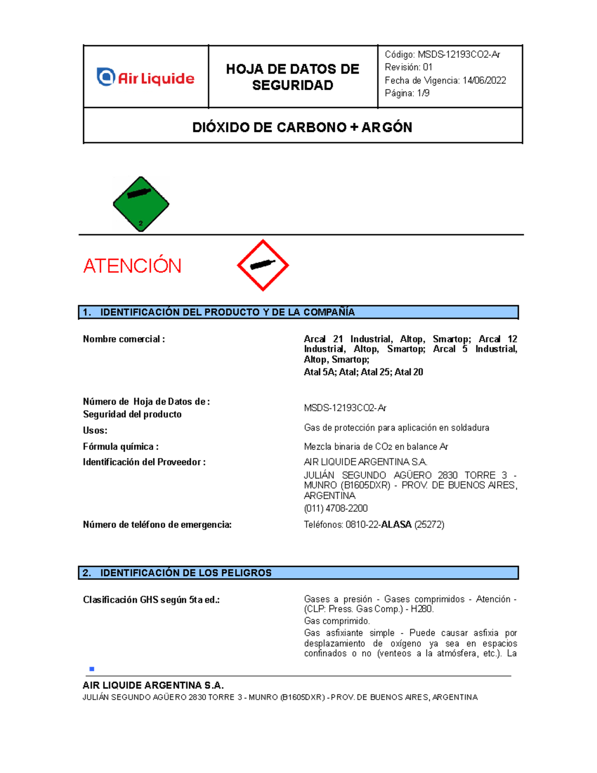 Msds-co2-ar hoja de seguridad atal - HOJA DE DATOS DE SEGURIDAD ...