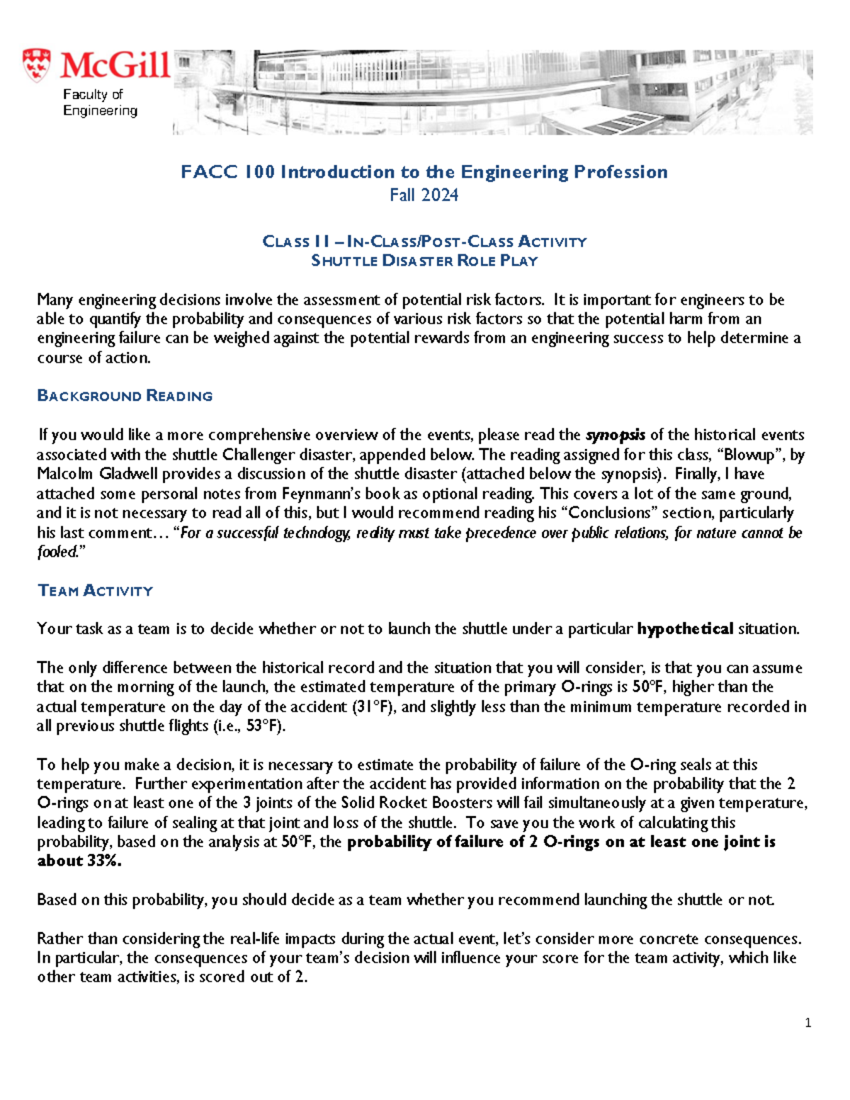 Class 11 prep with readings - Faculty of Engineering FACC 100 ...