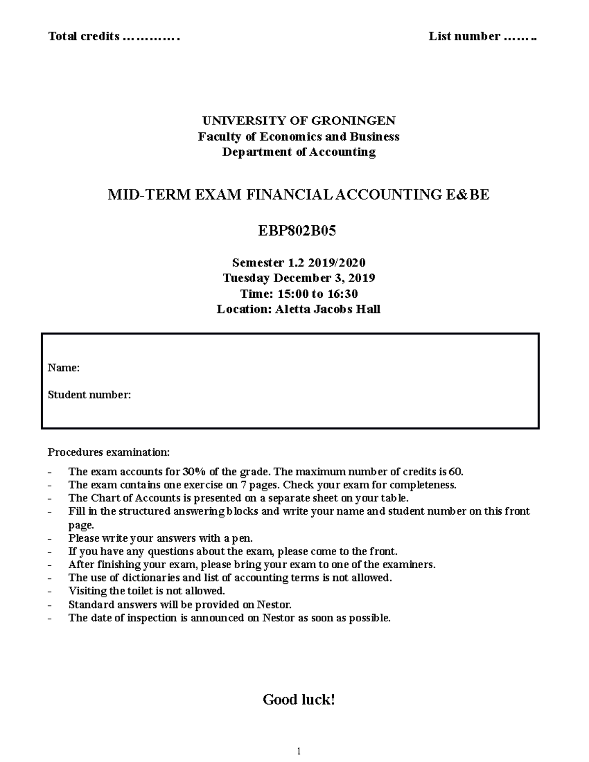Midterm exam Financial Accounting E&BE 2019 Questions - Total credits ...