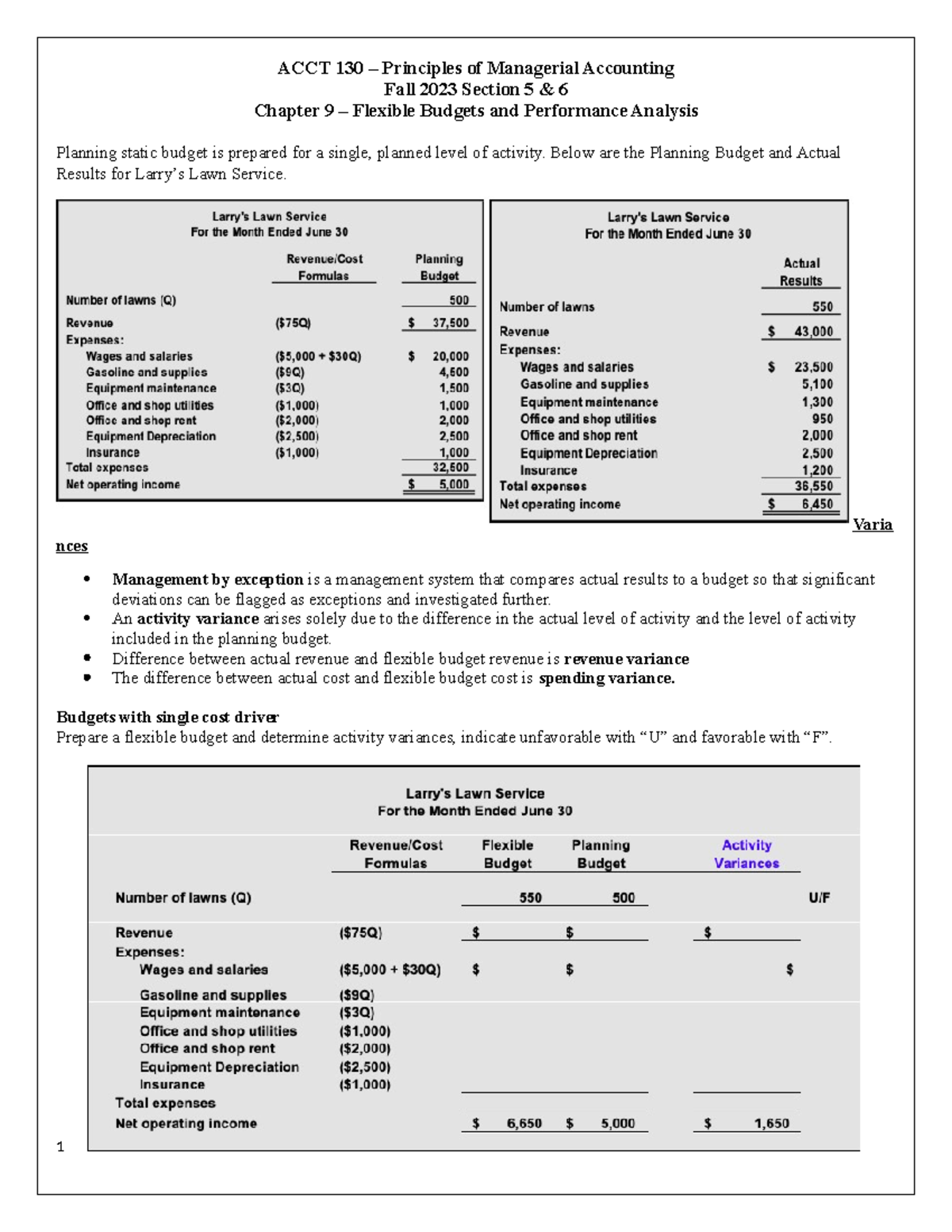 Handout 9 - CH9 - Lecture notes - ACCT 130 – Principles of Managerial ...