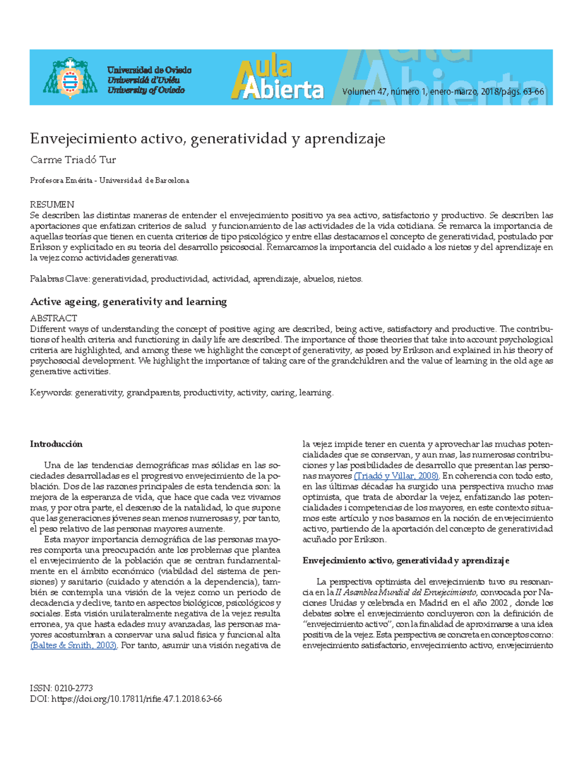 Envejecimiento activo, generatividad y aprendizaje - Introducción Una ...