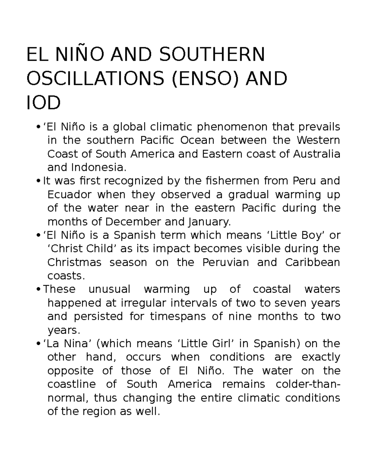 EL NINO AND Southern Oscillations - Assignment - EL NIÑO AND SOUTHERN ...