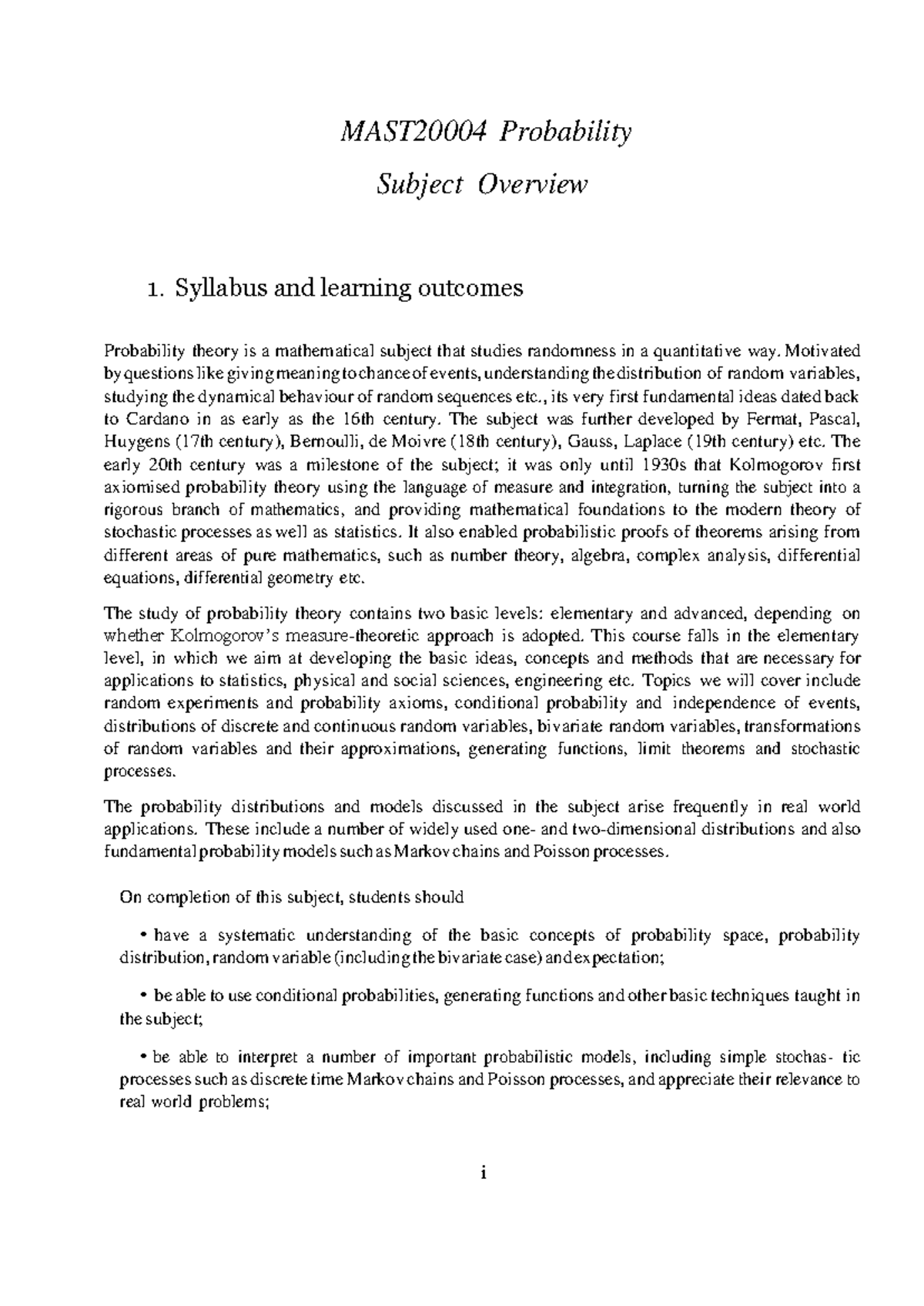 2000 4 Subject Overview 2022 S2-1 - i MAST20004 Probability Subject ...