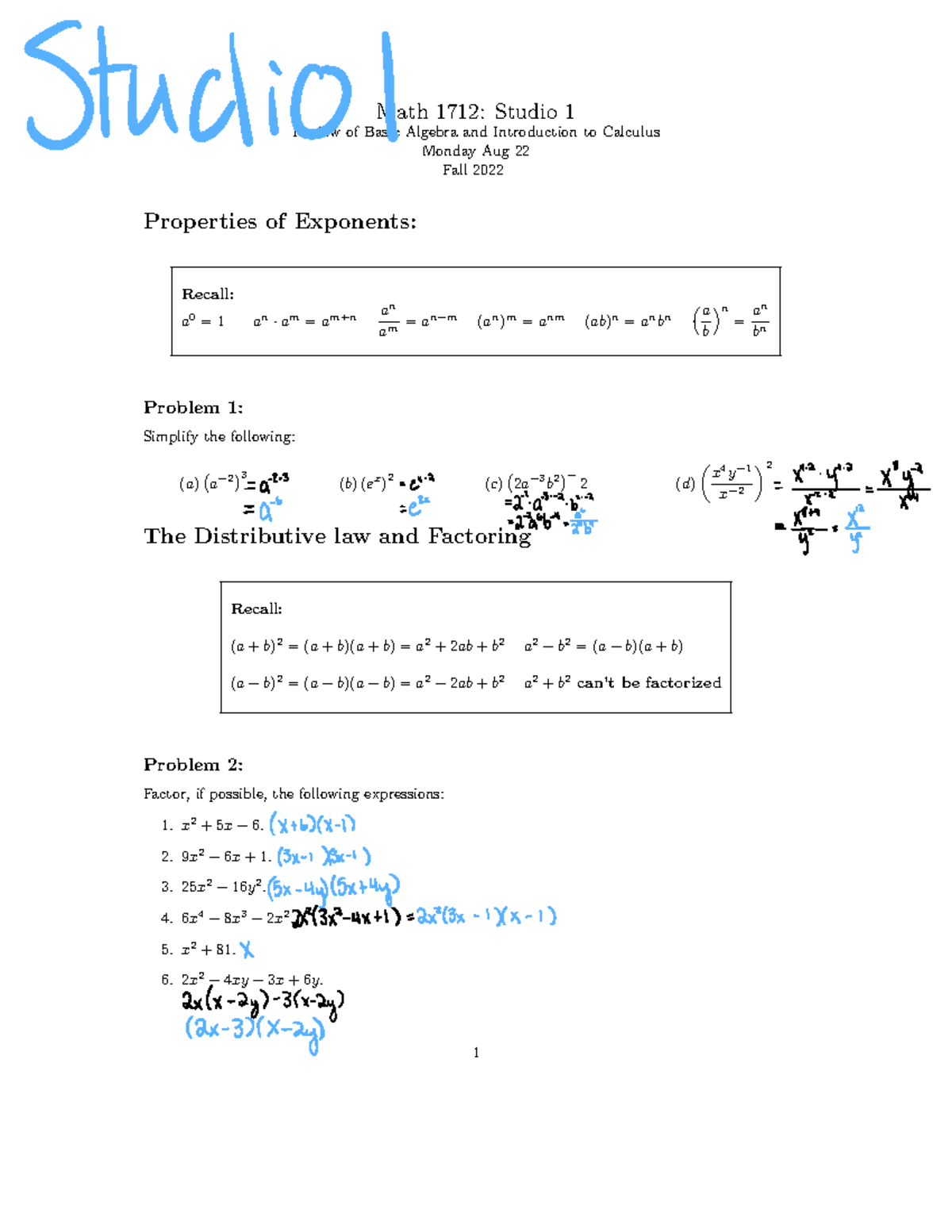 Survey Of Calc- Studios 1-7 - Math 1712: Studio 1 Review of Basic ...