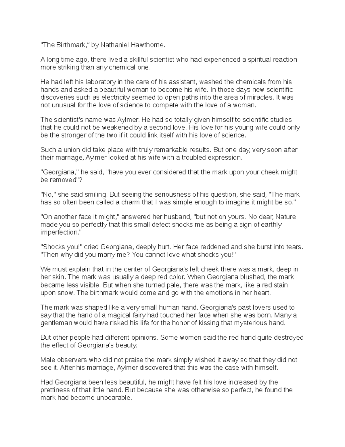 The Birthmark: A Short Story by Nathaniel Hawthorn - "The Birthmark ...