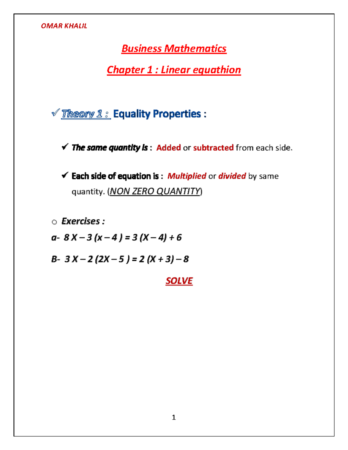 CH 1 MATH - Summary Mathematics - Business Mathematics Chapter 1 : Linear equathion Added or ...