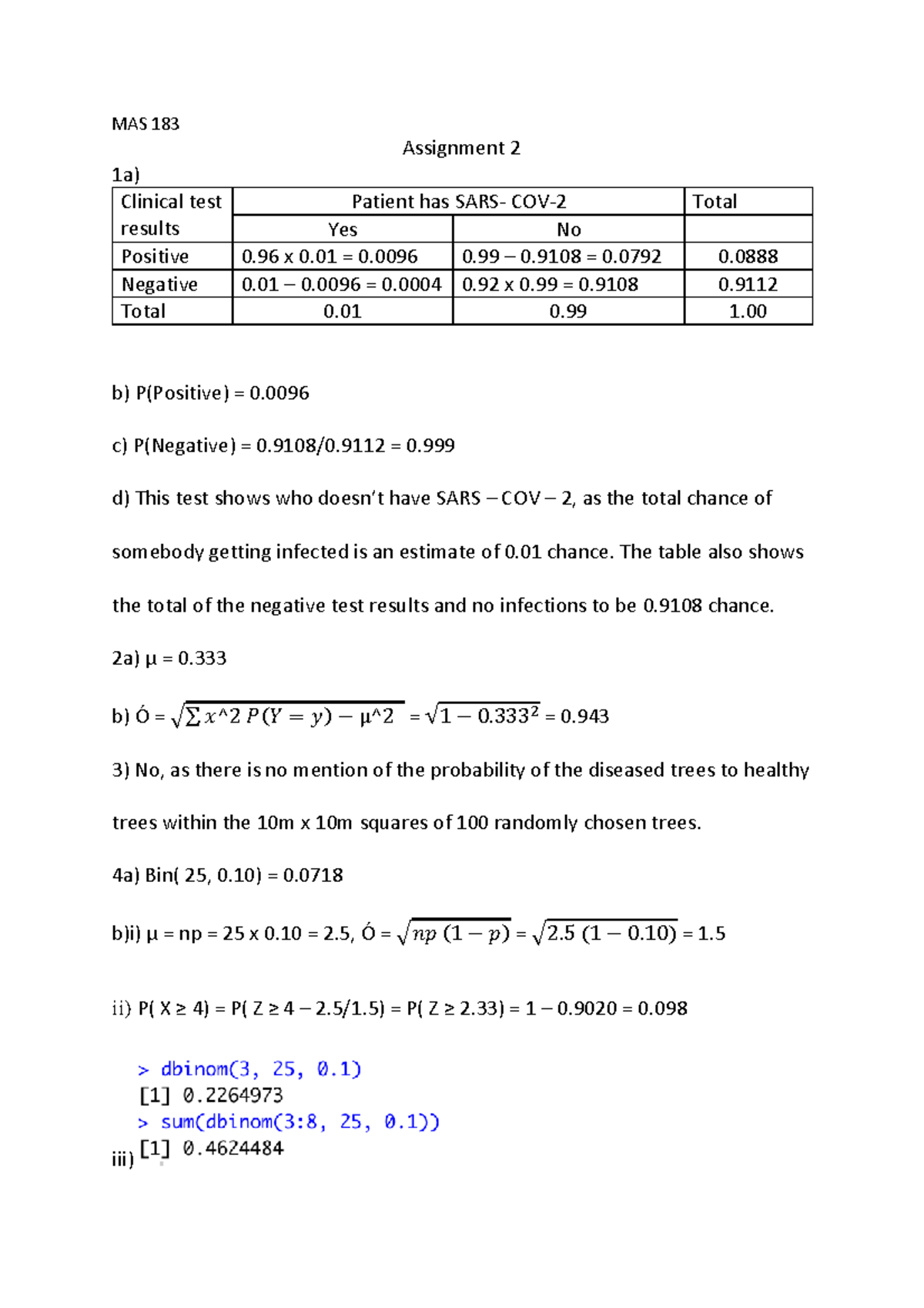 MAS 183 assignment 2 - DONE - MAS 183 Assignment 2 1a) Clinical test ...