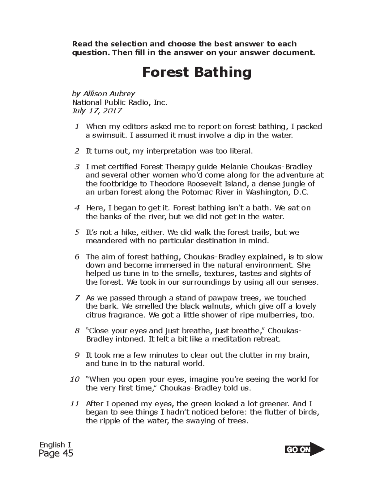 Forest Bathing Reading Prompt - GO ON English I Page 45 Form 001 Read ...