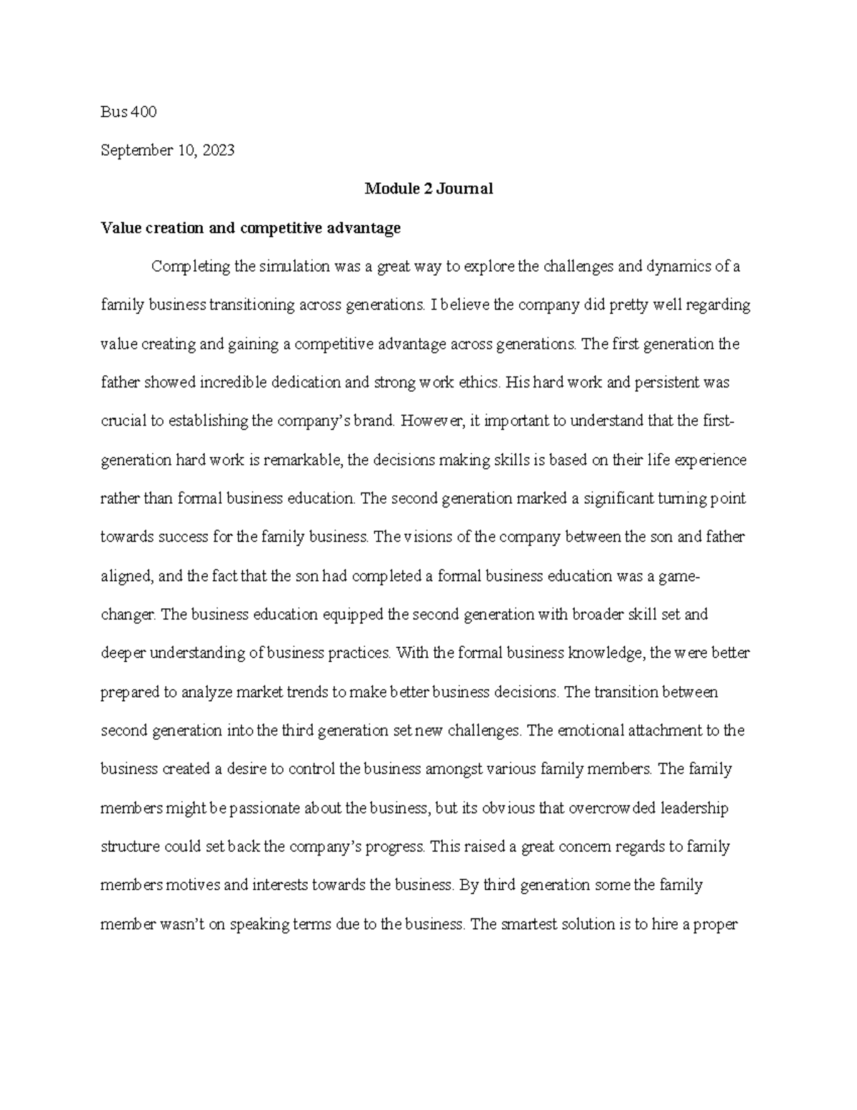 BUS 400- Module 2 journal - Bus 400 September 10, 2023 Module 2 Journal ...