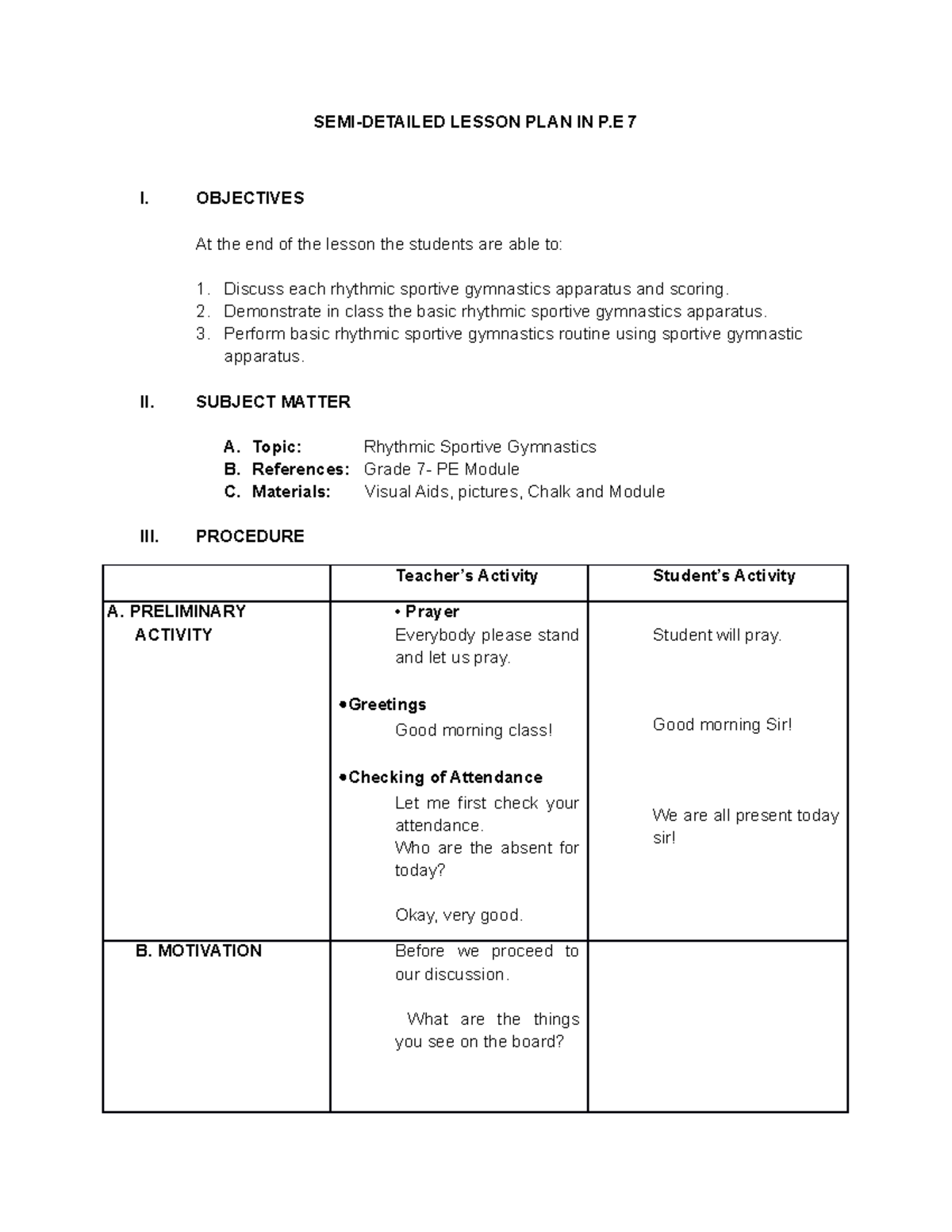Detailed Lesson PLAN IN PE - SEMI-DETAILED LESSON PLAN IN P 7 I ...
