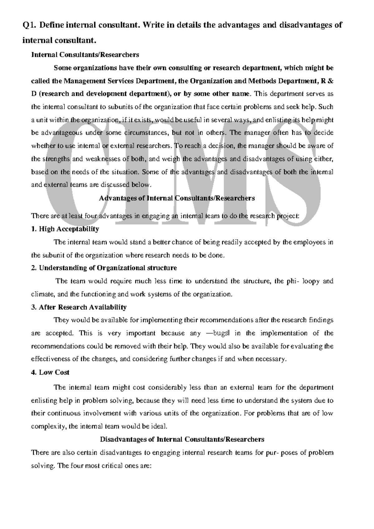 Lecture no 1 - Q1. Define internal consultant. Write in details the ...