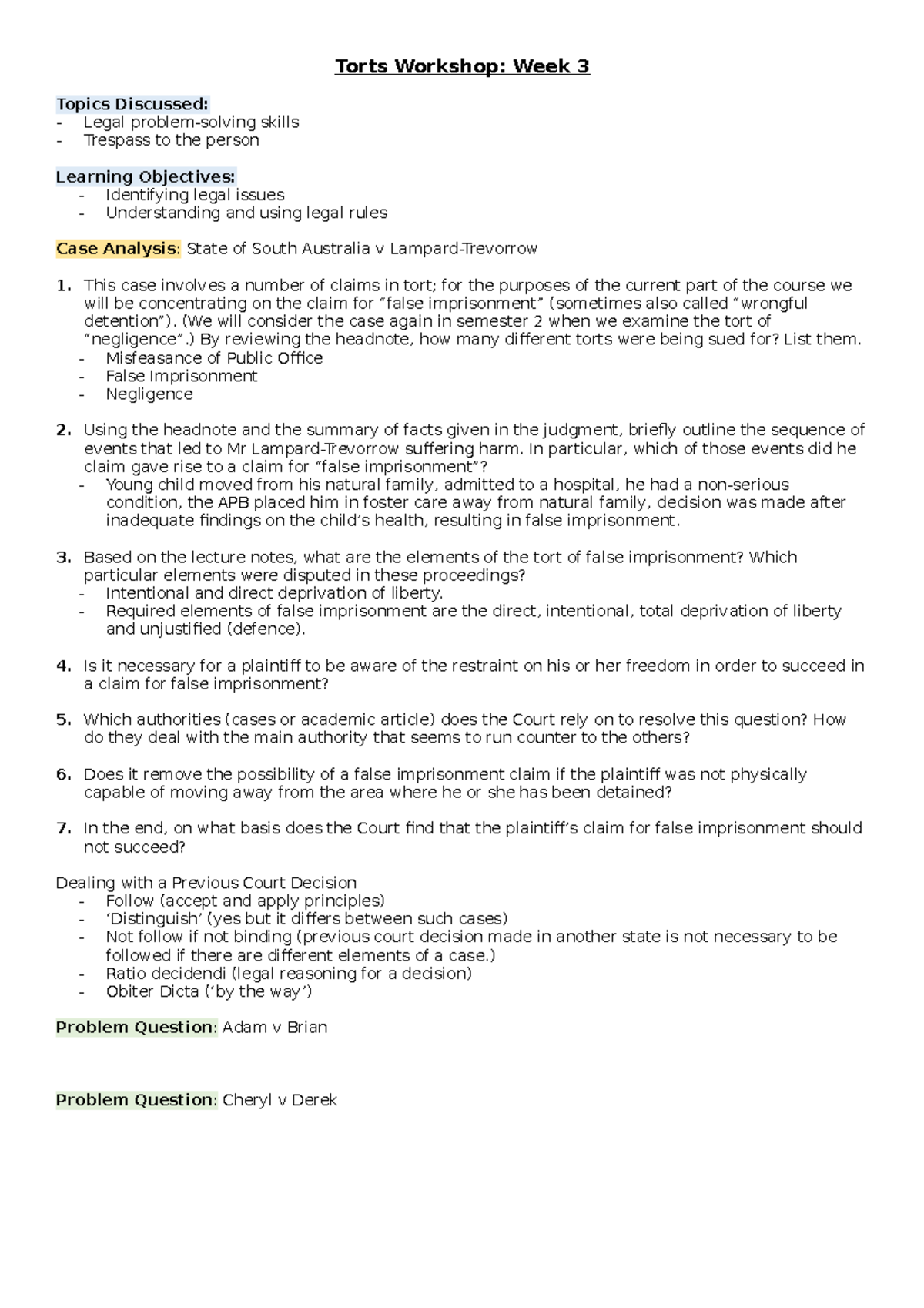 Workshop work 1 - Torts Workshop: Week 3 Topics Discussed: Legal ...