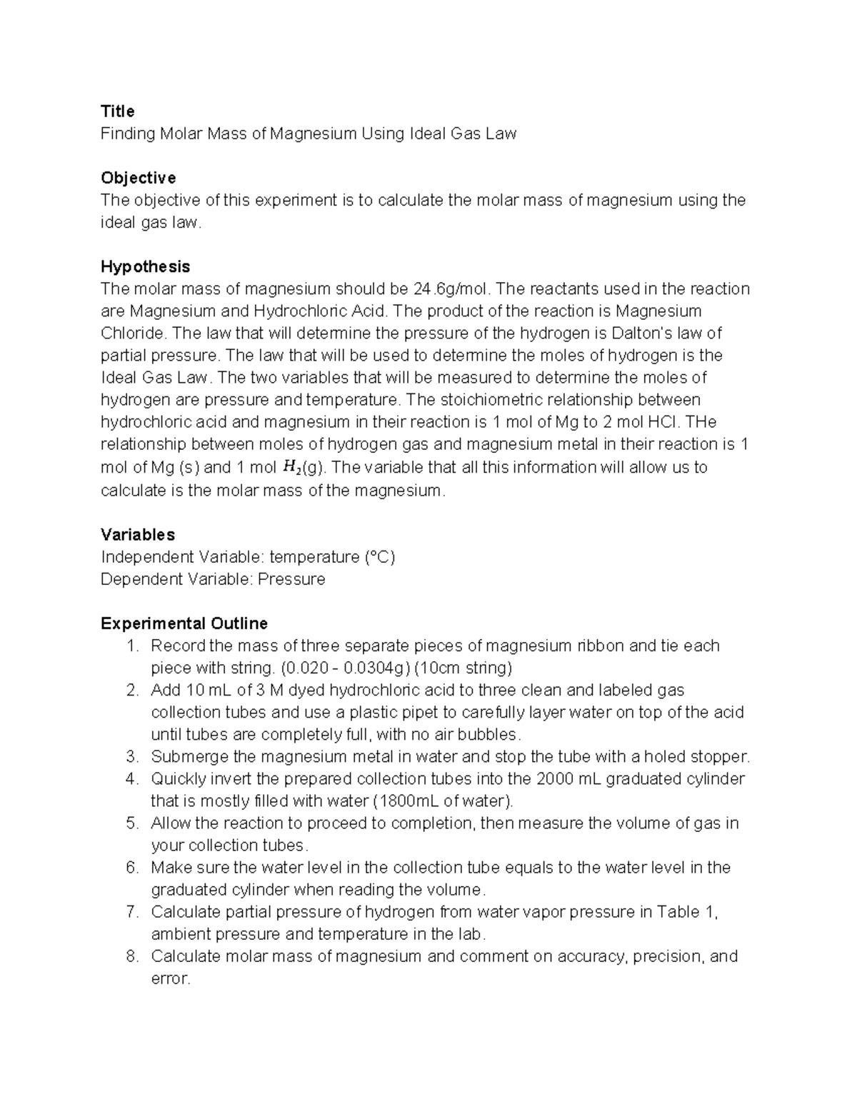 Experiment 12B Lab Report - Title Finding Molar Mass of Magnesium Using ...