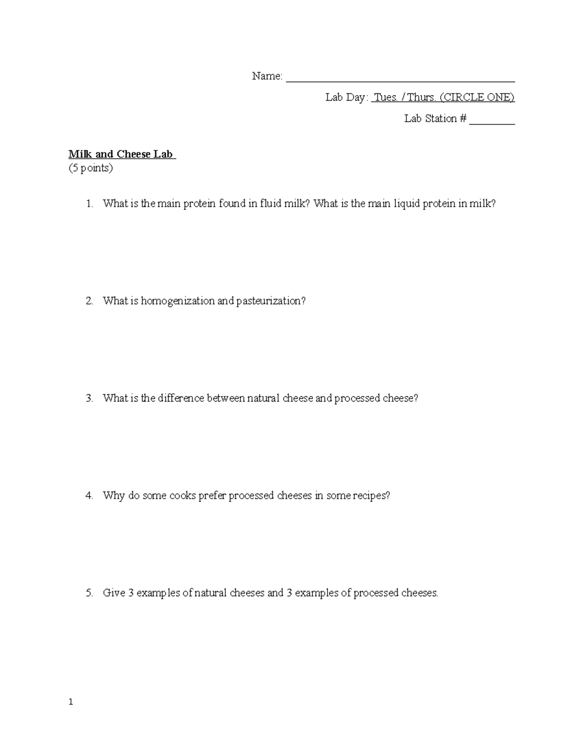 4 - Milk and Cheese Lab - fcs 113 class notes - Name