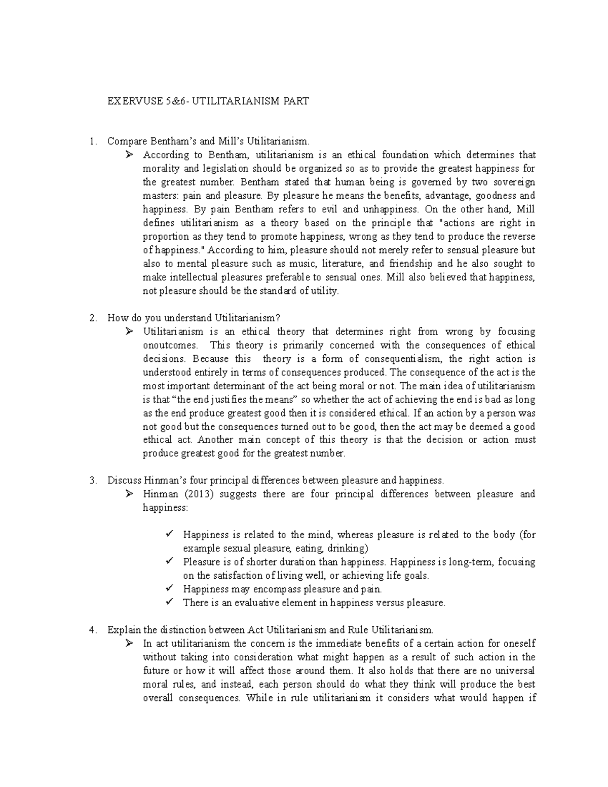 Utilitarianism Exercises Answer - EXERVUSE 5&6- UTILITARIANISM PART ...