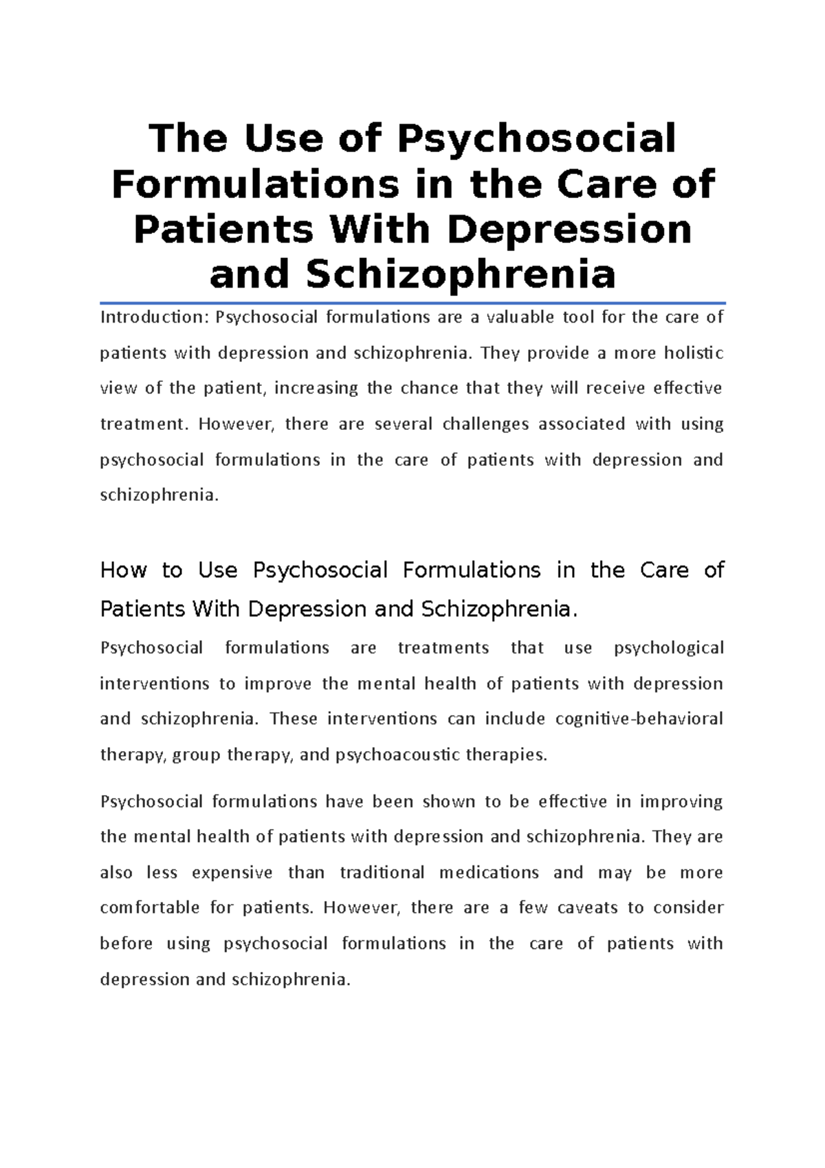The Use of Psychosocial Formulations in the Care of Patients With ...