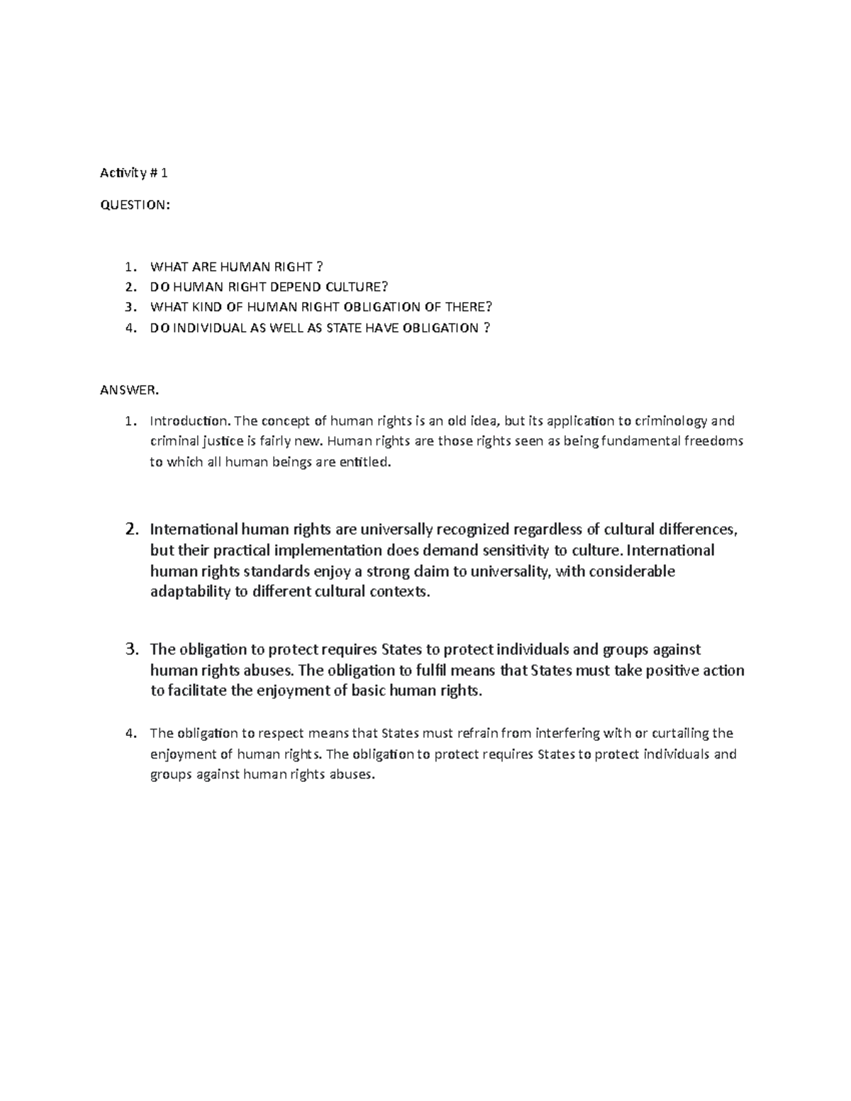 Doc3 - Essay - Activity # 1 QUESTION: 1. WHAT ARE HUMAN RIGHT? 2. DO ...