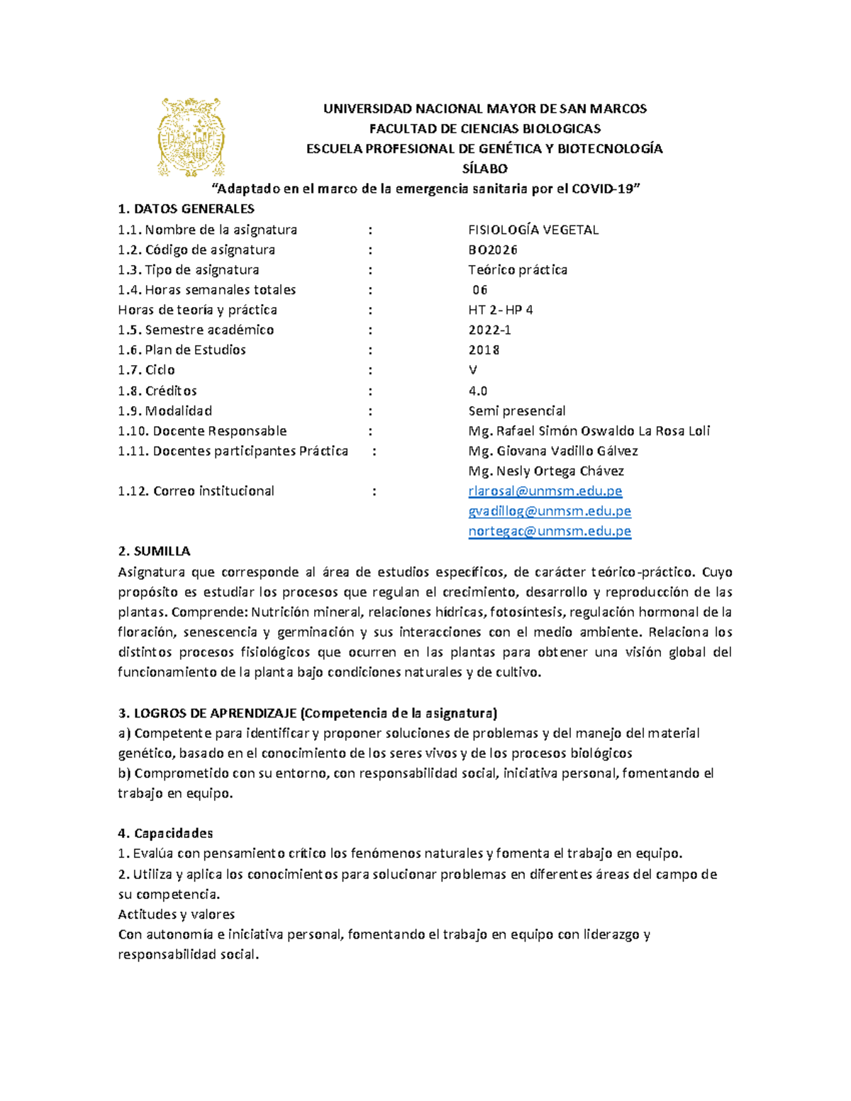 Sílabo Fisiología Vegetal 2022-I EPGy B F - UNIVERSIDAD NACIONAL MAYOR ...