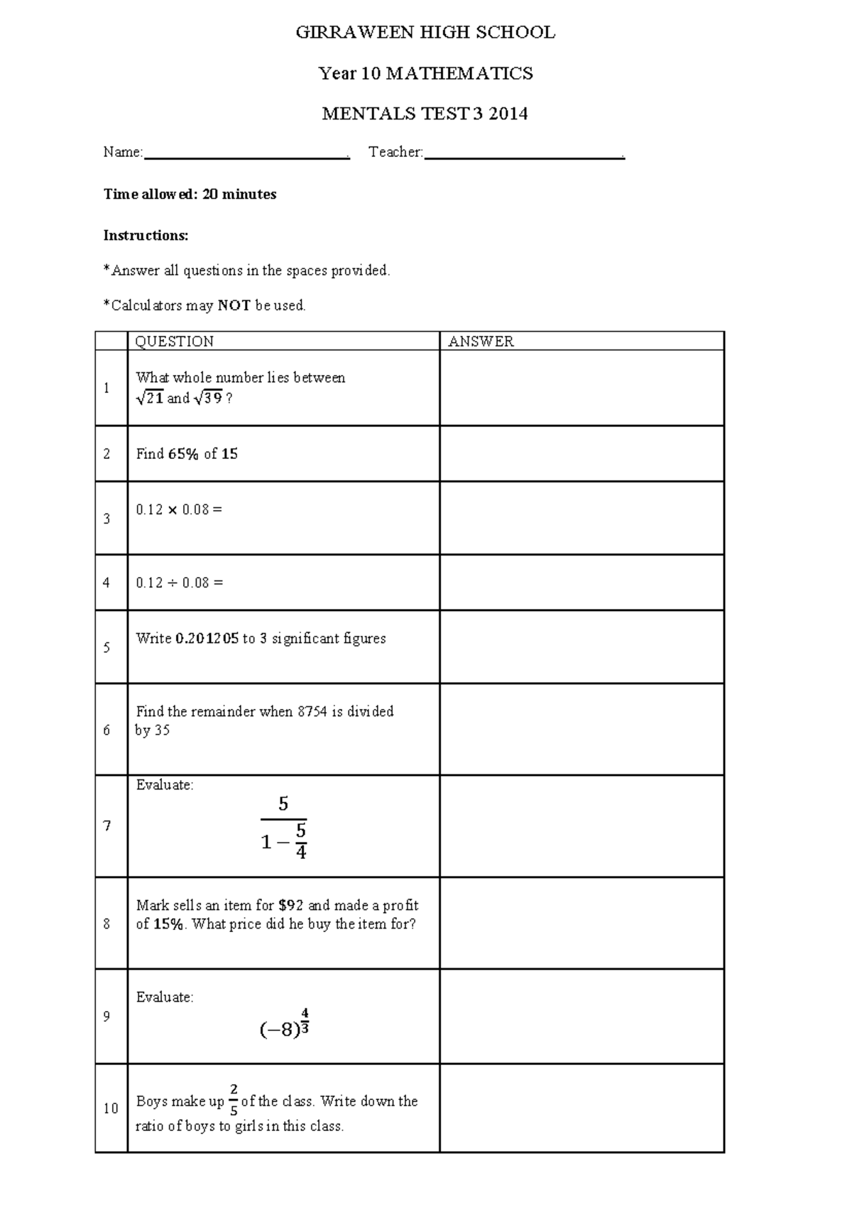 All mentals comb - Lecture notes - GIRRAWEEN HIGH SCHOOL Year 10 ...