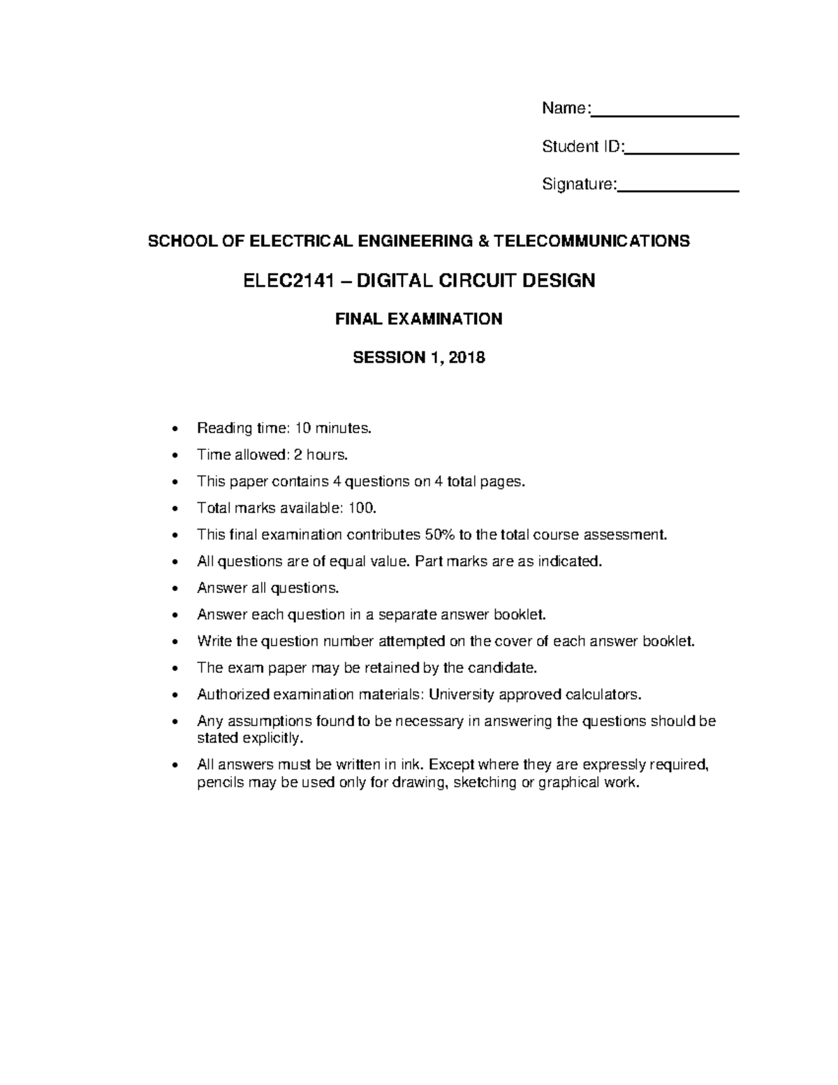 Final Exam 2018 - Name: Student ID: Signature: SCHOOL OF ELECTRICAL ...