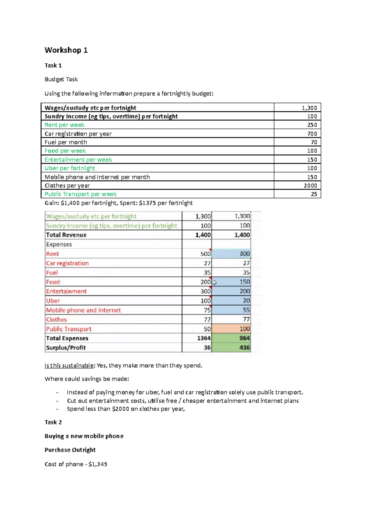 Tutorial 1 bsb107 answers - Workshop 1 Task 1 Budget Task Using the following information ...